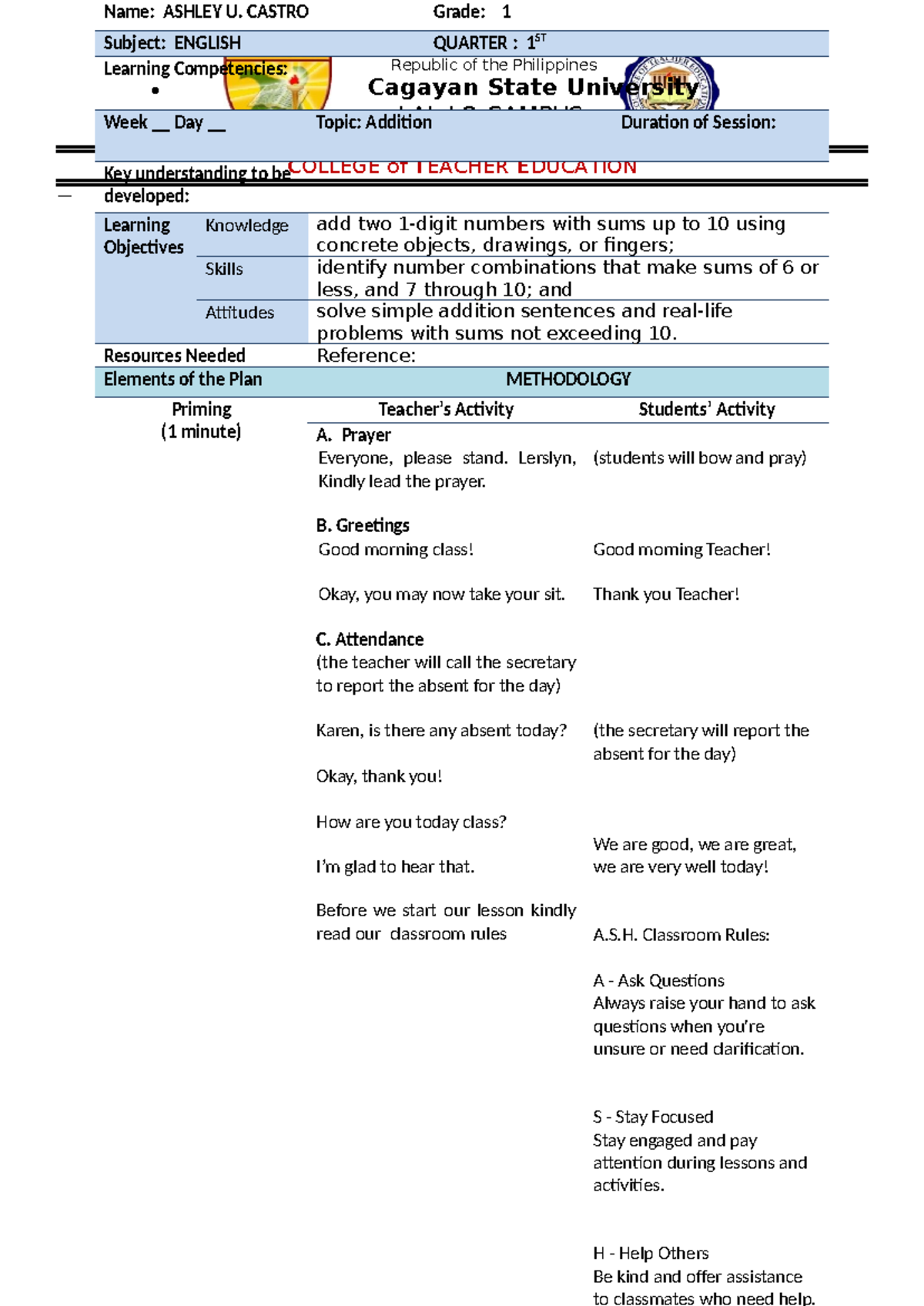 Lesson Plan: 1st Quarter Math Addition for 4AS Students - Studocu