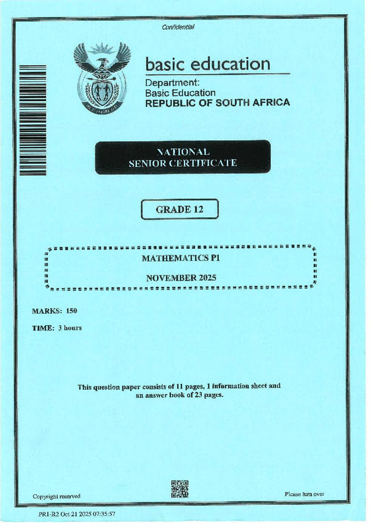 NSC Grade 12 Mathematics P1 November 2025 Exam Paper - Studocu