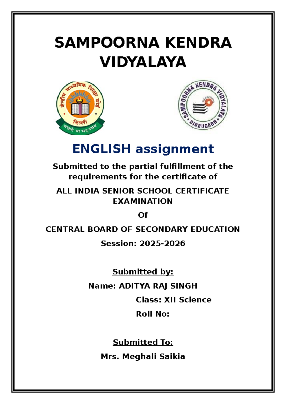 CBSE Class XII English Assignment - Aditya Raj Singh - Studocu