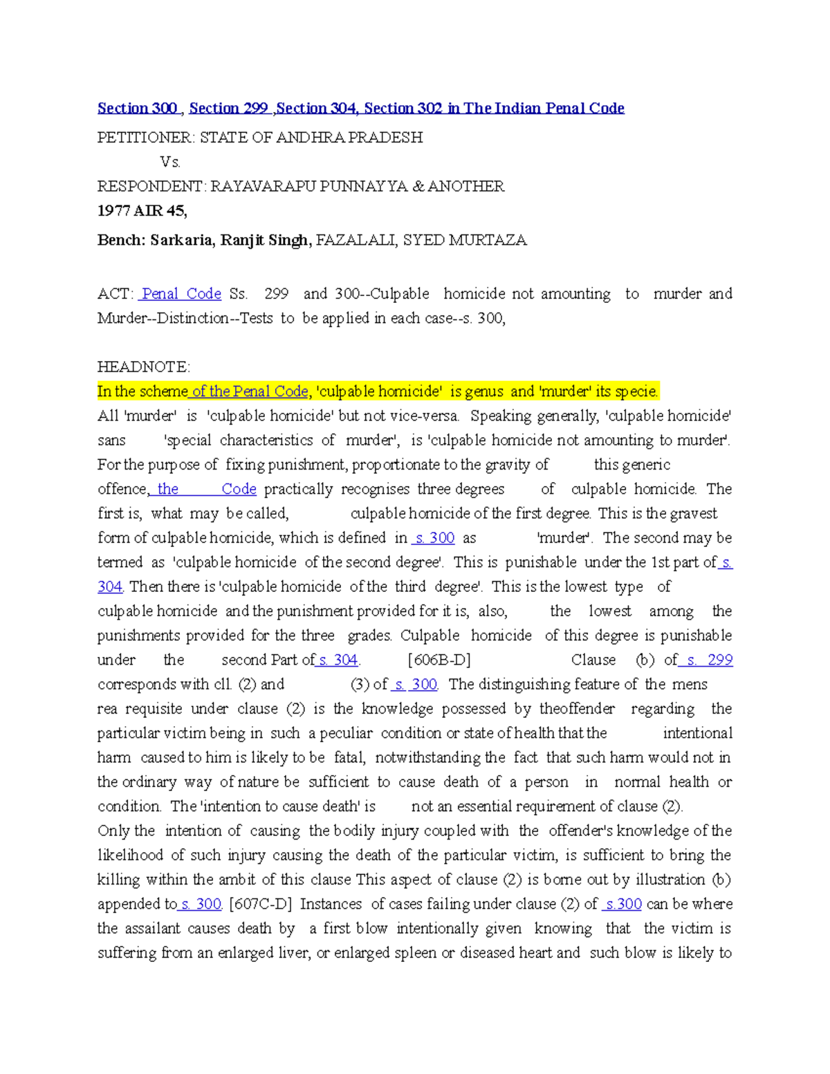 Punnayya Case Study: Analyzing Sections 299, 300, and 304 IPC - Studocu