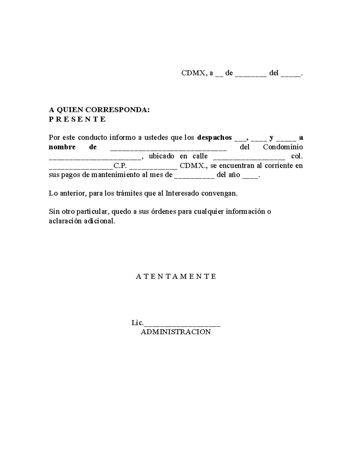 Carta DE NO Adeudo DE Condominio - CDMX, a __ de ________ del _____. A ...