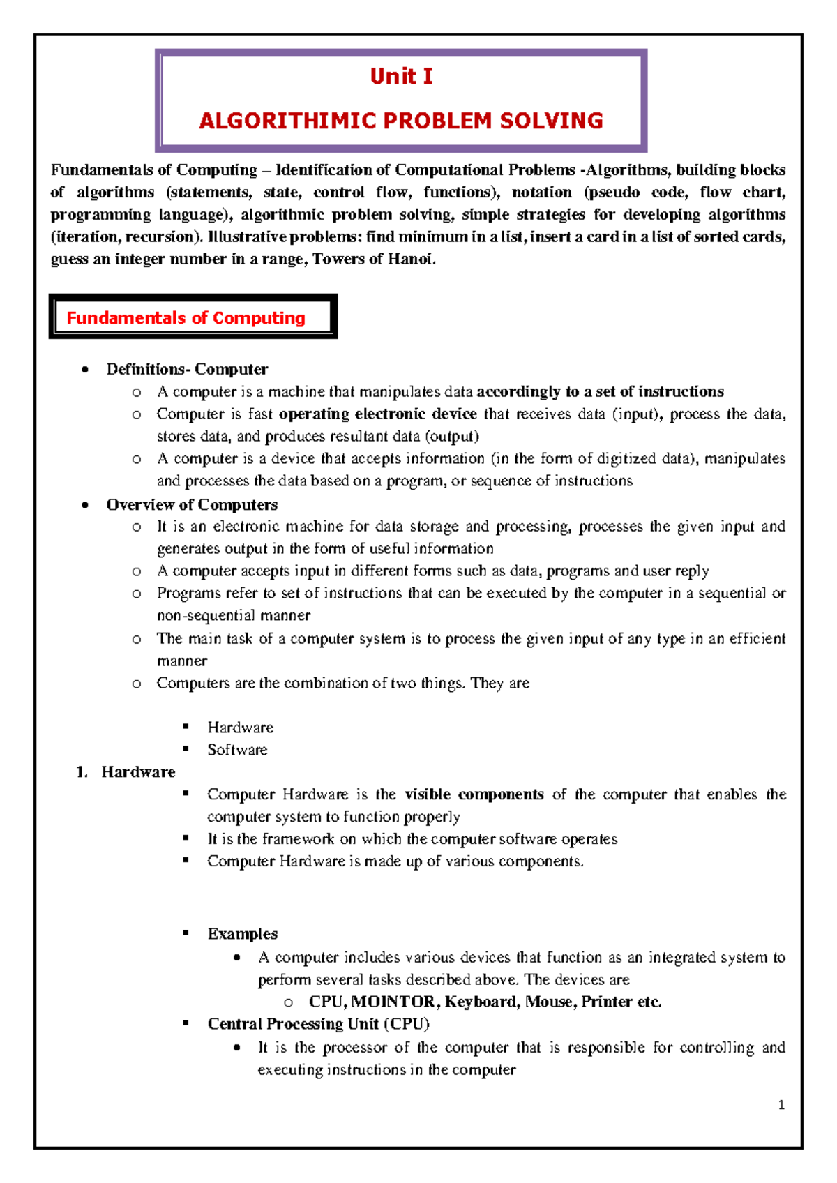 Pspp Ge3151 Unit 1 Fundamentals Of Computing Algorithmic Problem