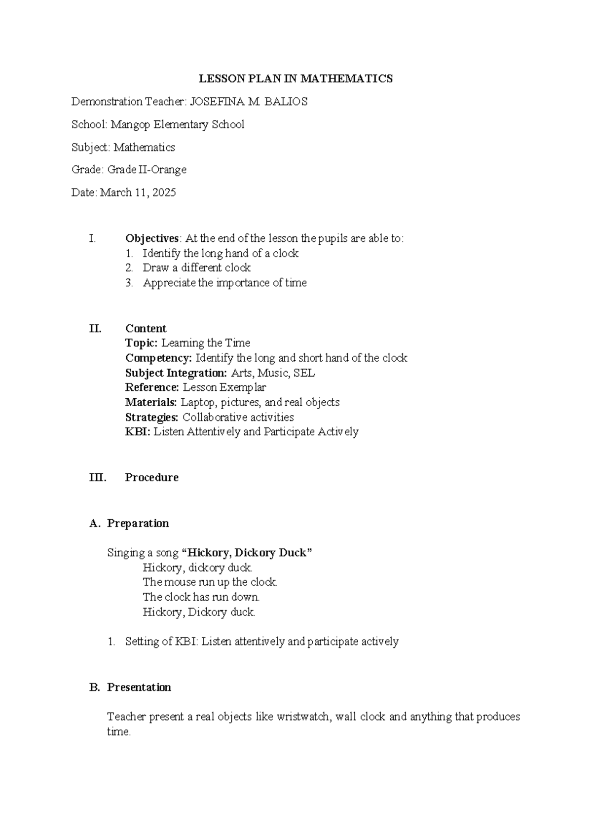 Lesson Plan in Mathematics - LESSON PLAN IN MATHEMATICS Demonstration ...