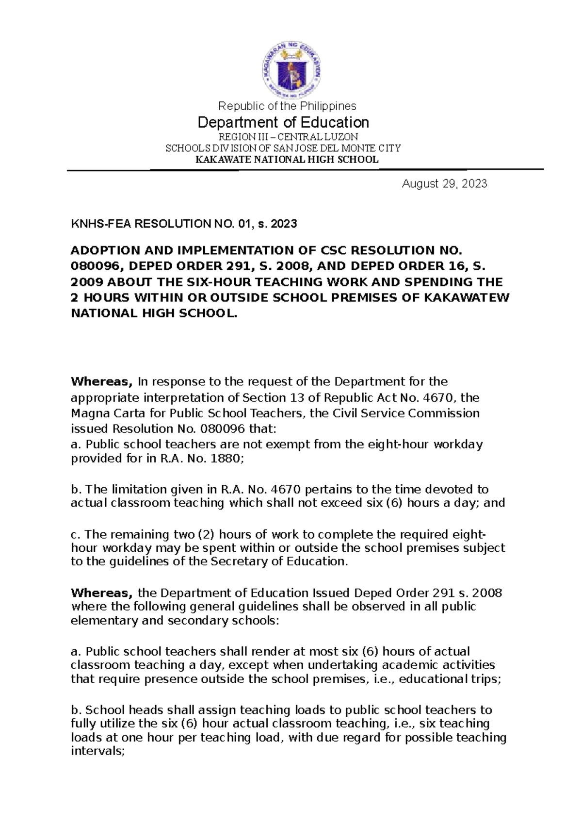 KNHS-FEA Resolution No. 01, s. 2023 on Teaching Work Guidelines - Studocu