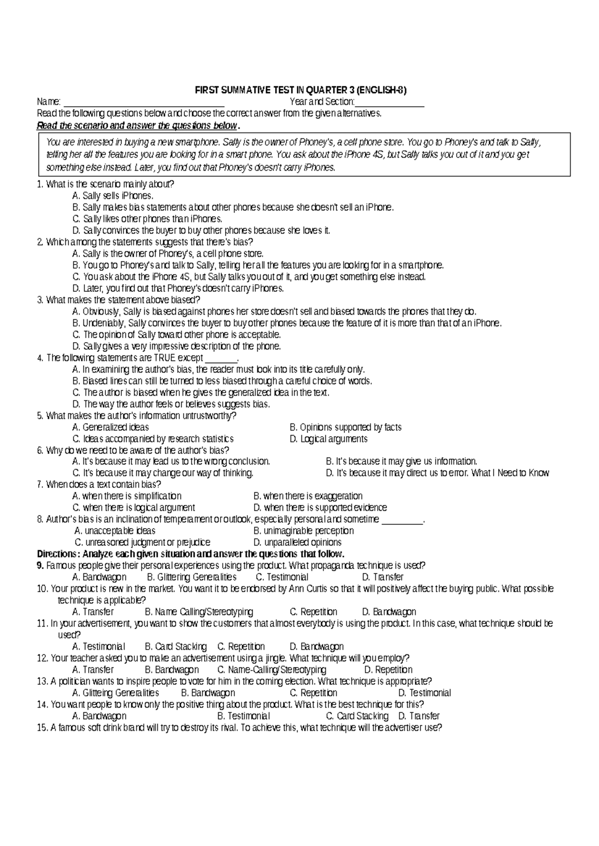 SUMMATIVE TEST Grade 8 - FIRST SUMMATIVE TEST IN QUARTER 3 (ENGLISH-8 ...