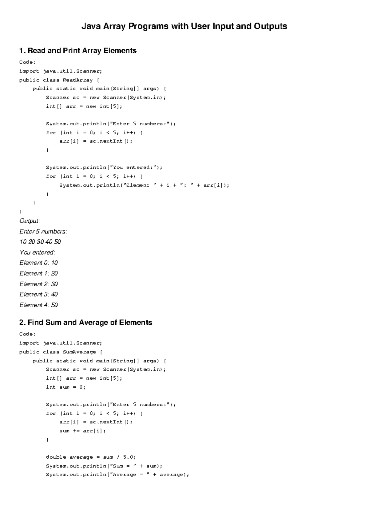Java Array Programs: User Input & Output Examples - Studocu