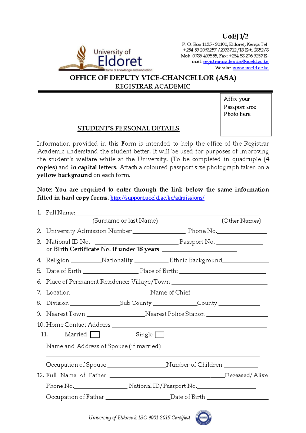 Student Admission Form - UoEJ1 - Personal Details Document - Studocu