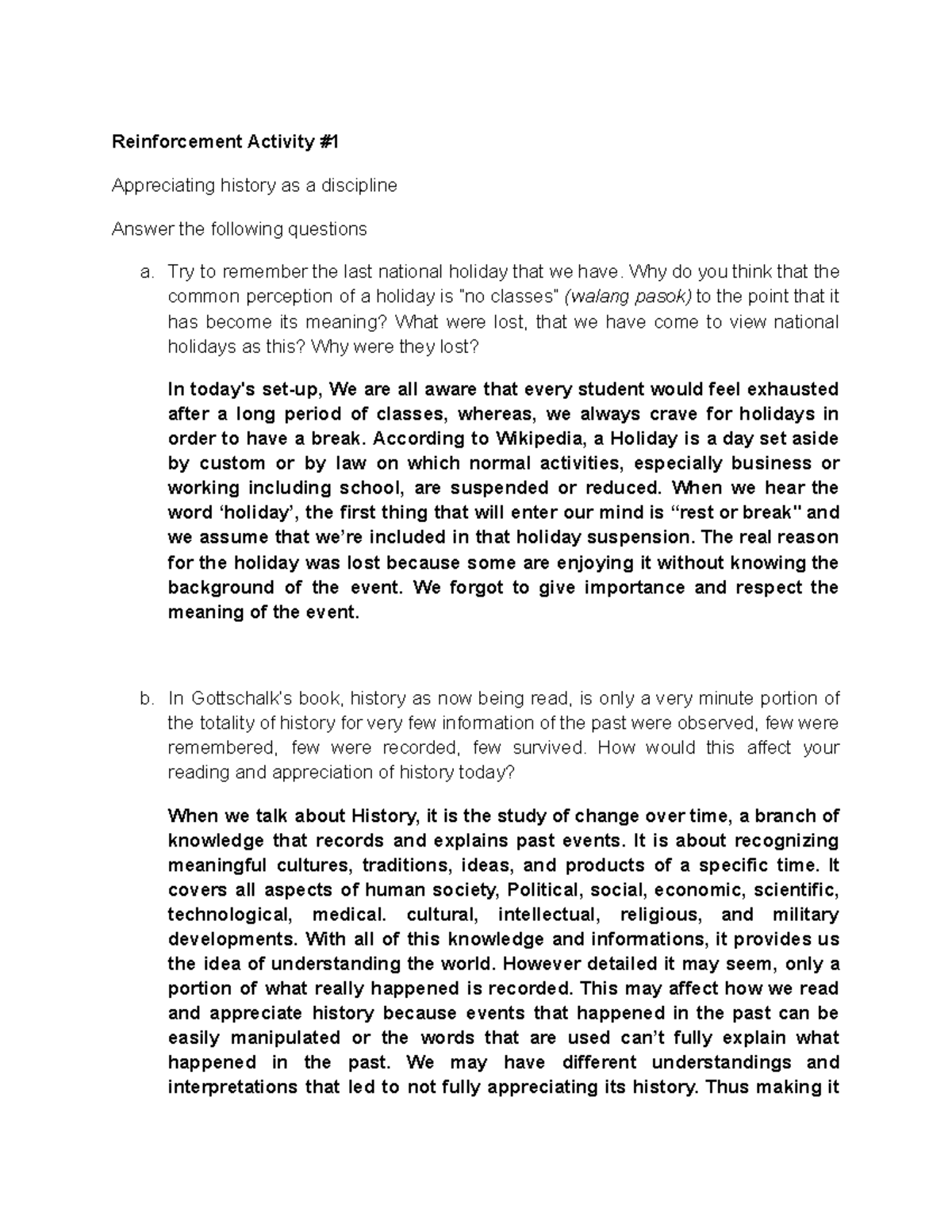 Reinforcement Activity 1 - Try to remember the last national holiday ...