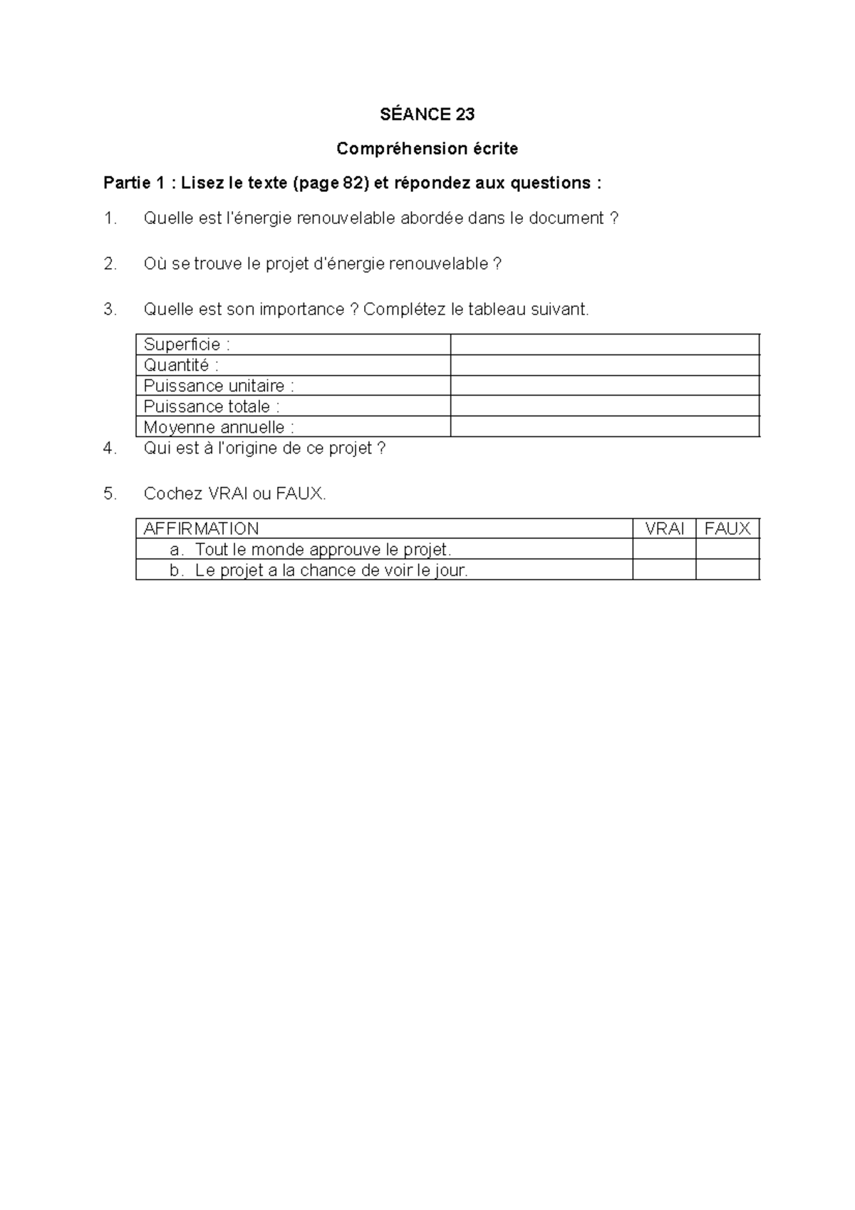 Séance 23: Compréhension Écrite et Analyse du Projet d'Énergie ...