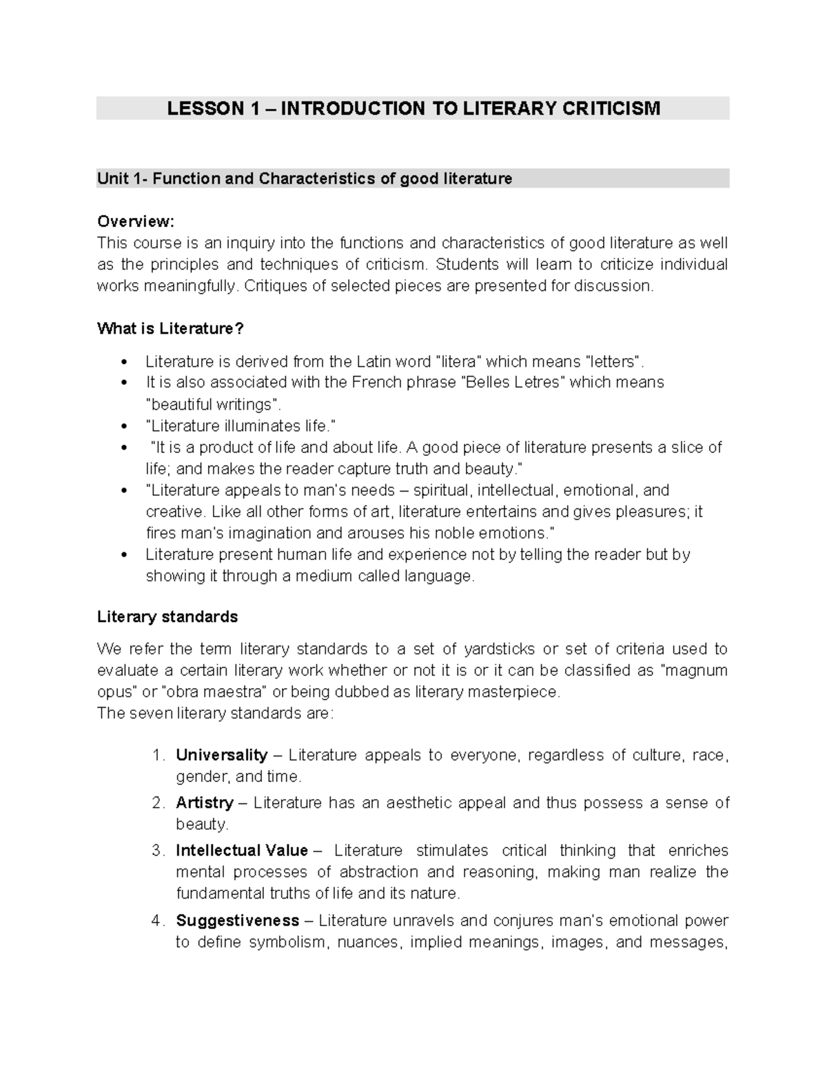 LIT 101: Lesson 1-2 on Literary Criticism and Its Functions - Studocu