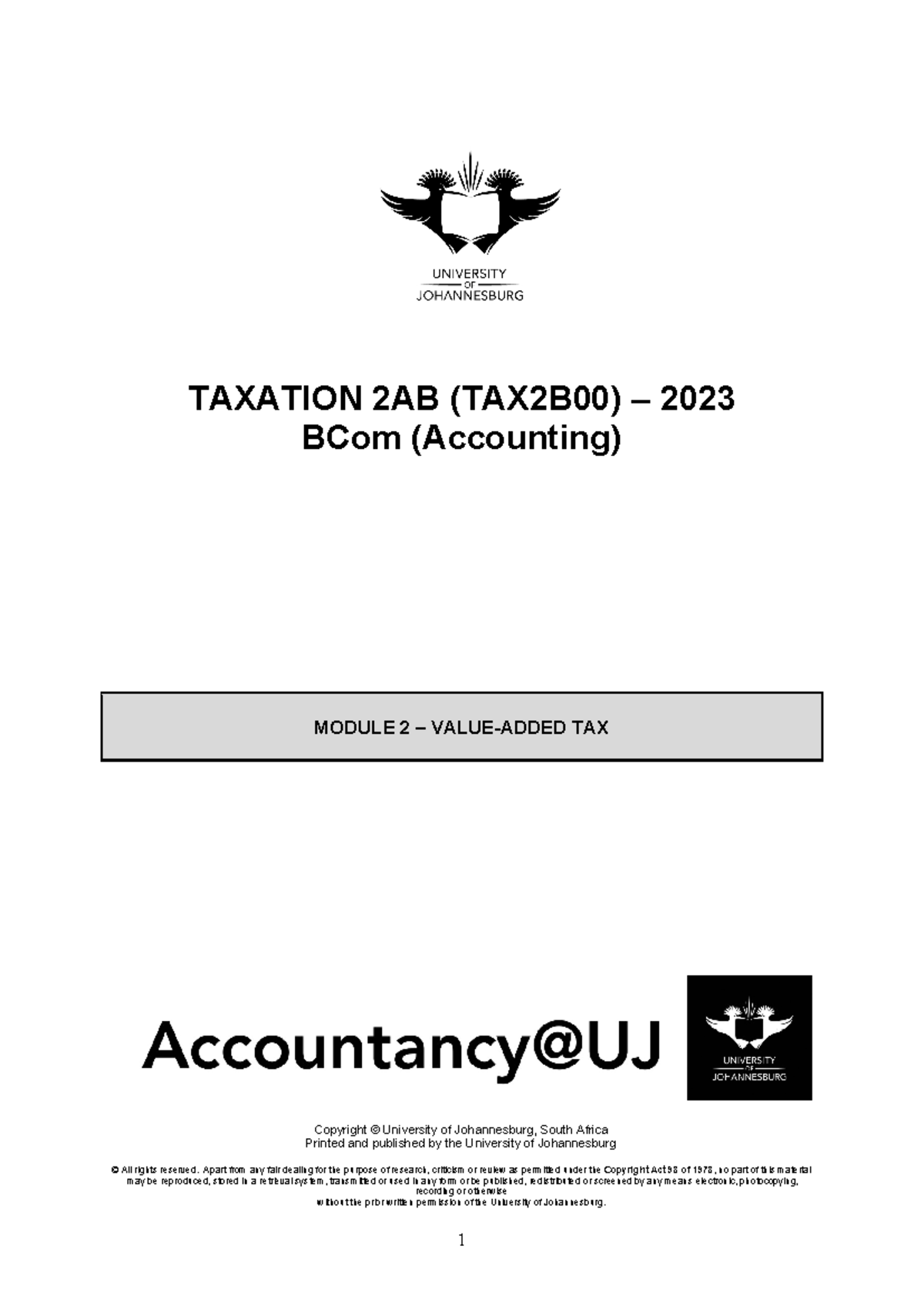 Module 2 VAT 2023 Learning guide - TAXATION 2AB (TAX2B00) – 2023 BCom ...