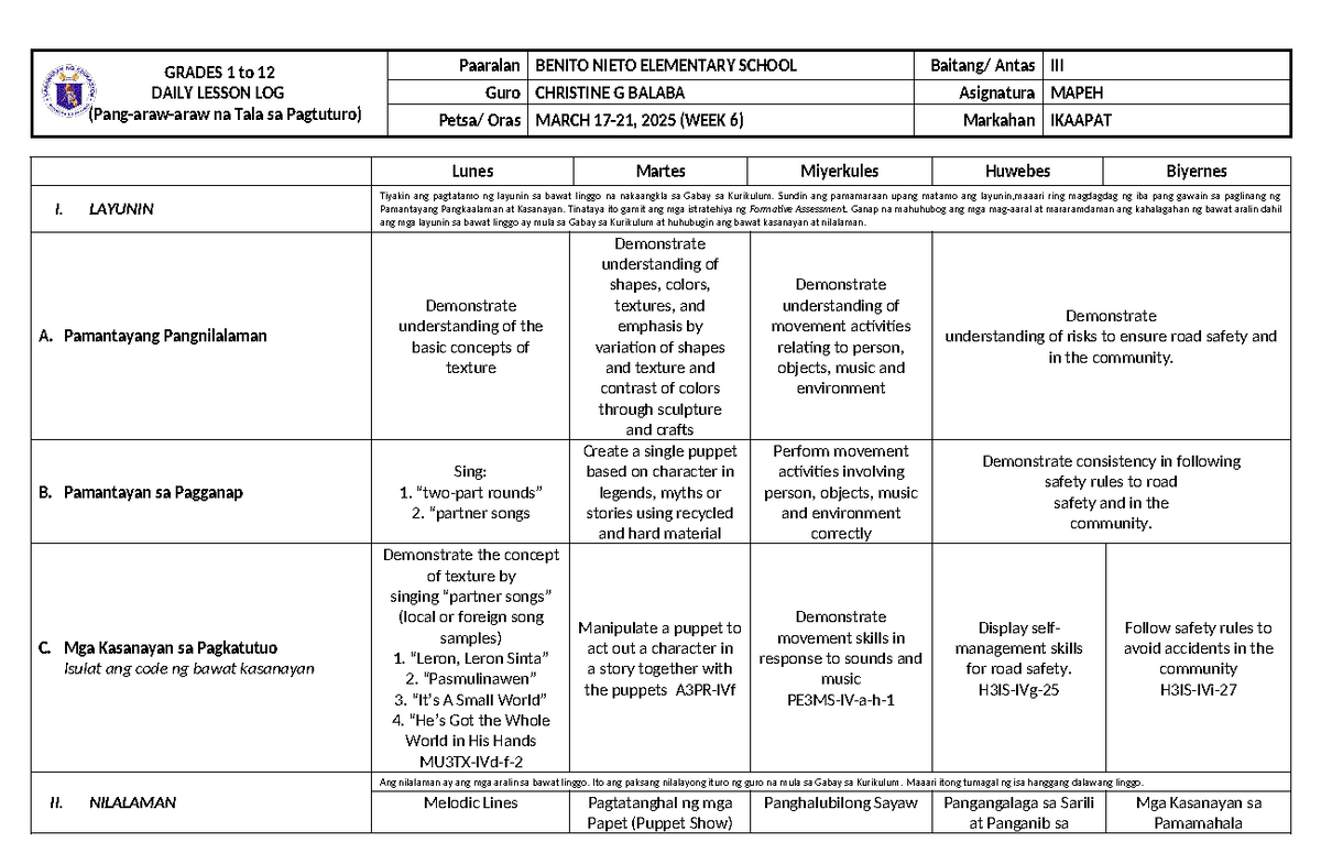MAPEH Daily Lesson Log (W6 Q4) for Grades 1-12 at Benito Nieto ES - Studocu