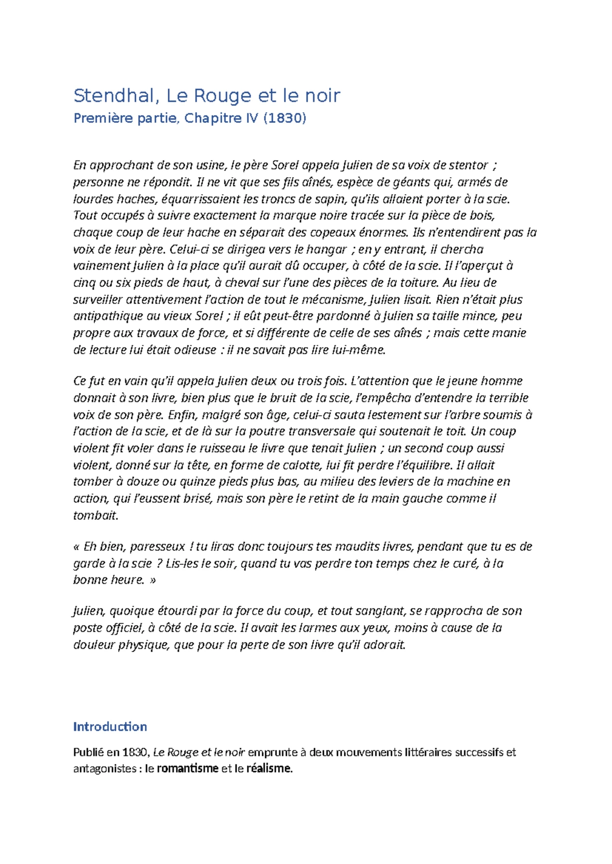 Analyse linéaire de Le Rouge et le noir - Partie 1, Chapitre IV - Studocu