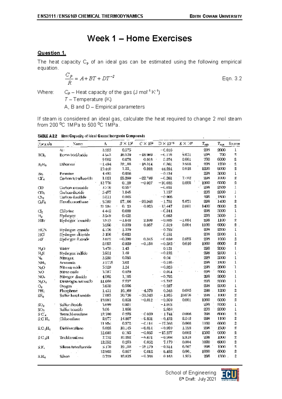 ENS6169 Chemical Thermodynamics Week 1 Tutorial Questions - Studocu