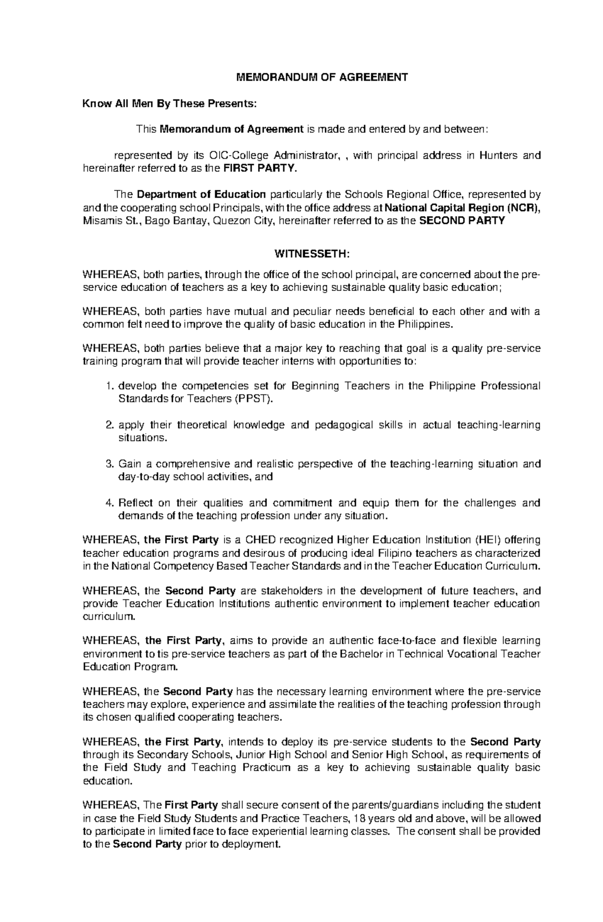 Memorandum of Agreement (MOA) for Teacher Practicum Program - Studocu