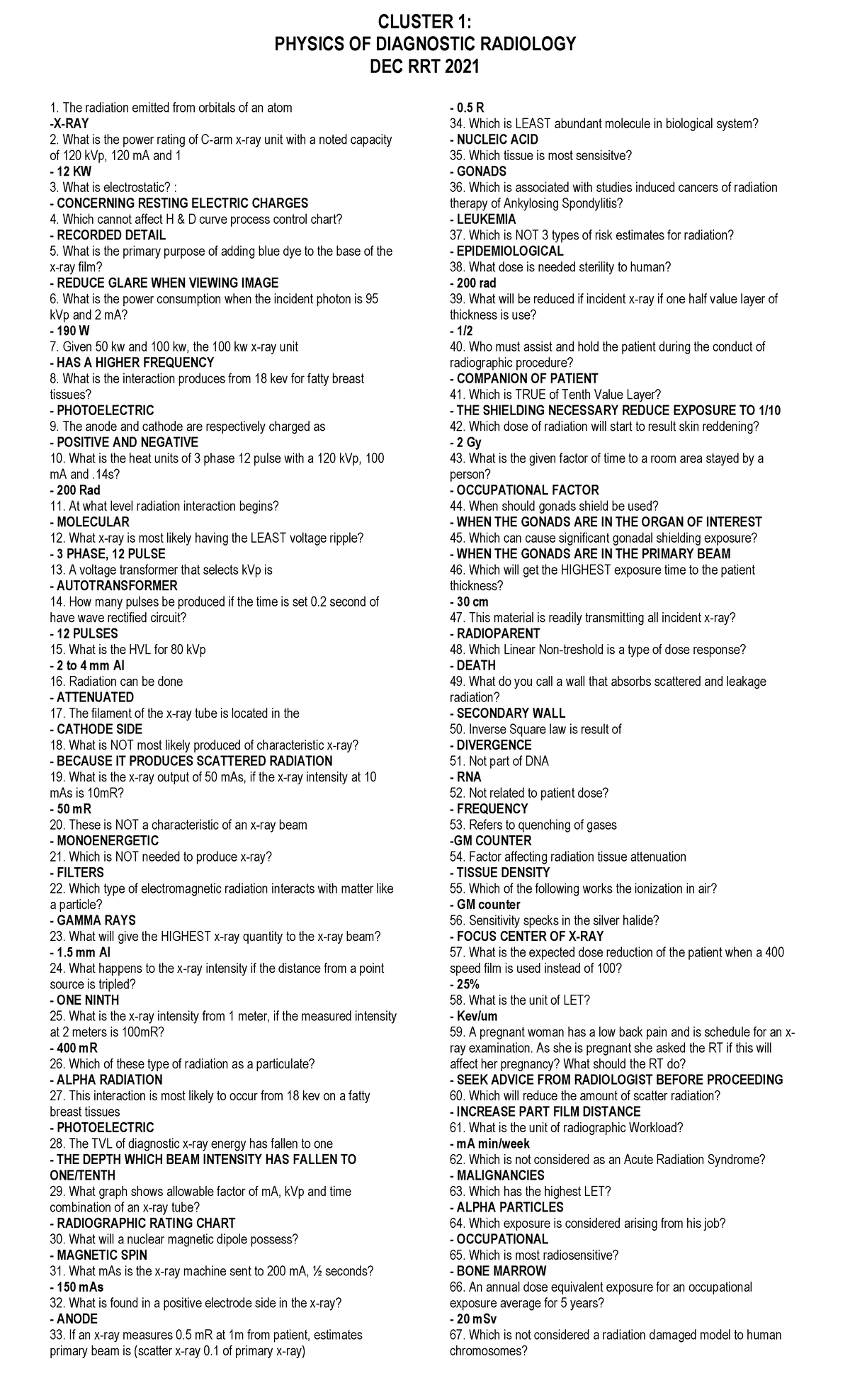 CLUSTER 1: PHYSICS OF DIAGNOSTIC RADIOLOGY DEC RRT 2021 STUDY NOTES ...