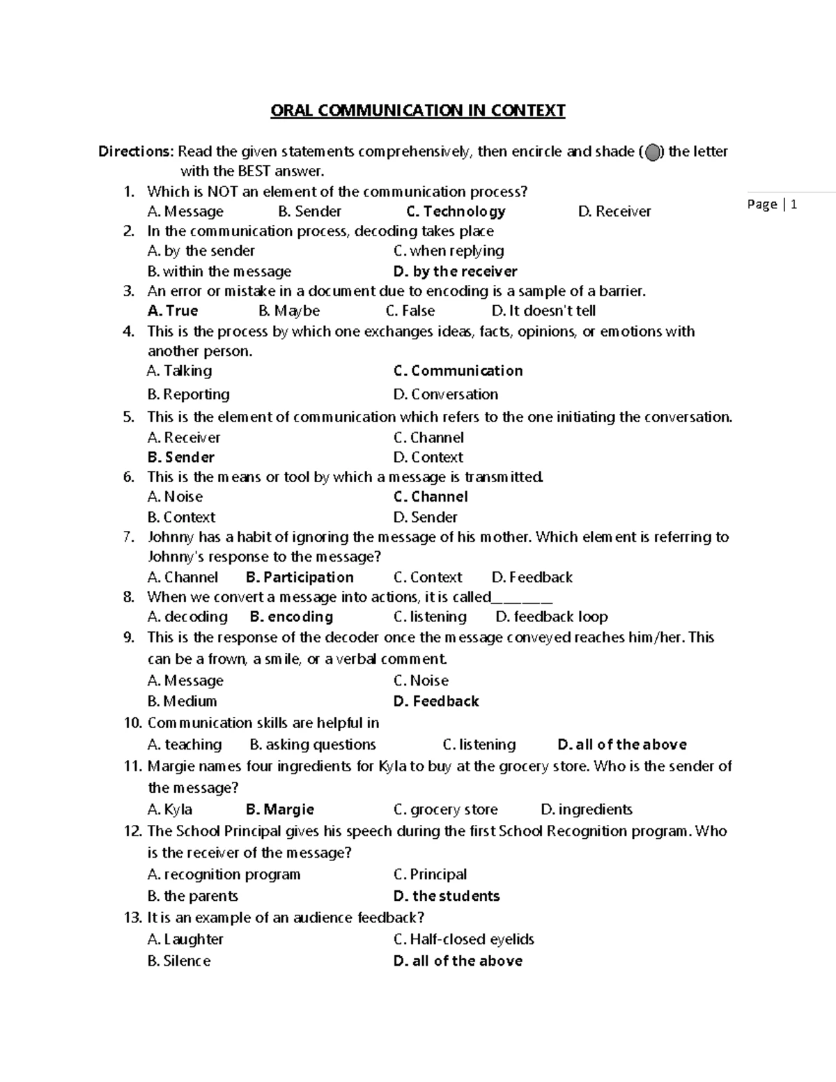 NAT Reviewer 1 ORAL Communication IN Context - Page | 1 ORAL COMMUNICATION IN CONTEXT Directions ...
