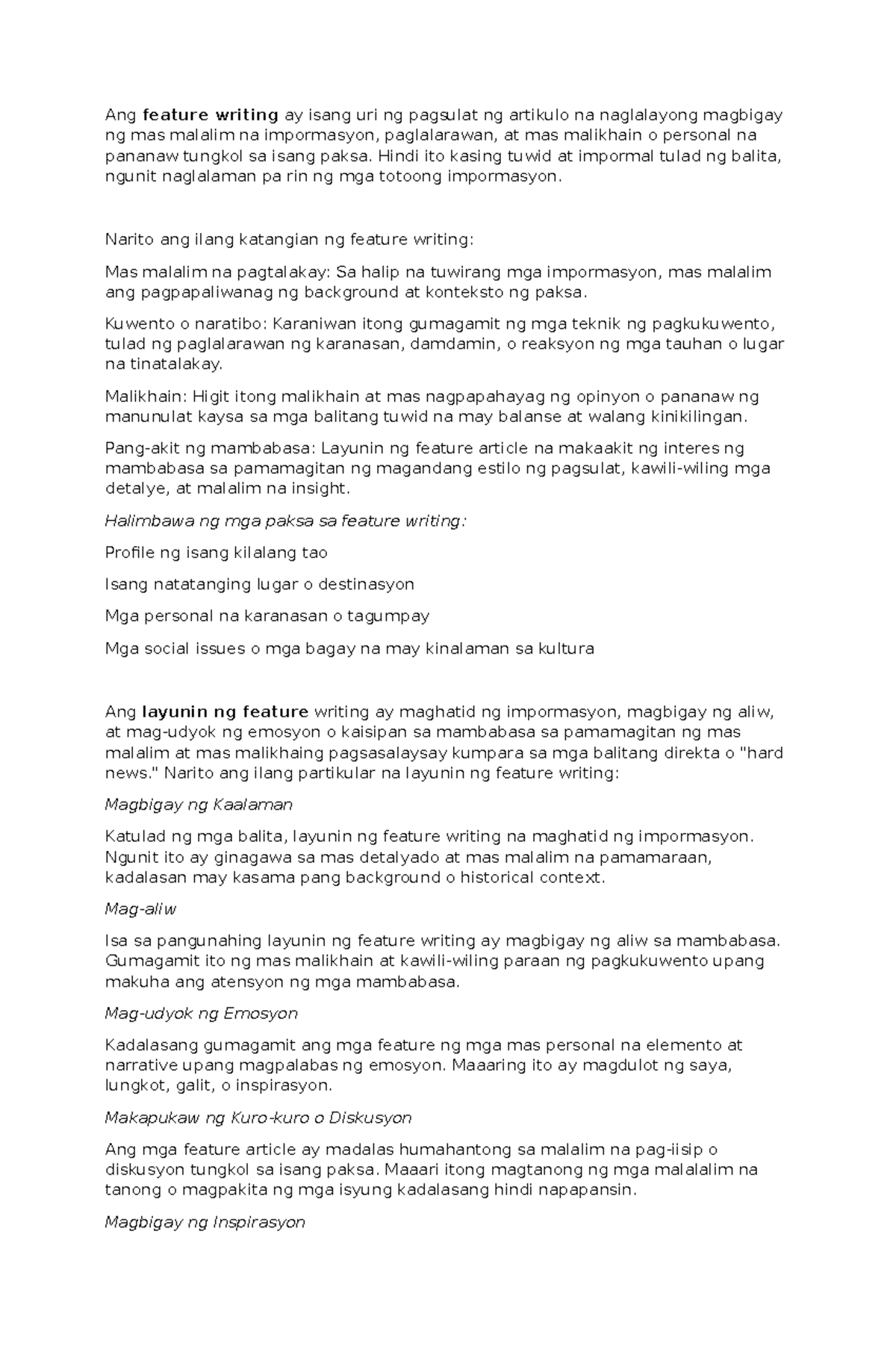 Feature Writing Guide: Ikalawang Antas ng Pagsulat ng Artikulo - Studocu