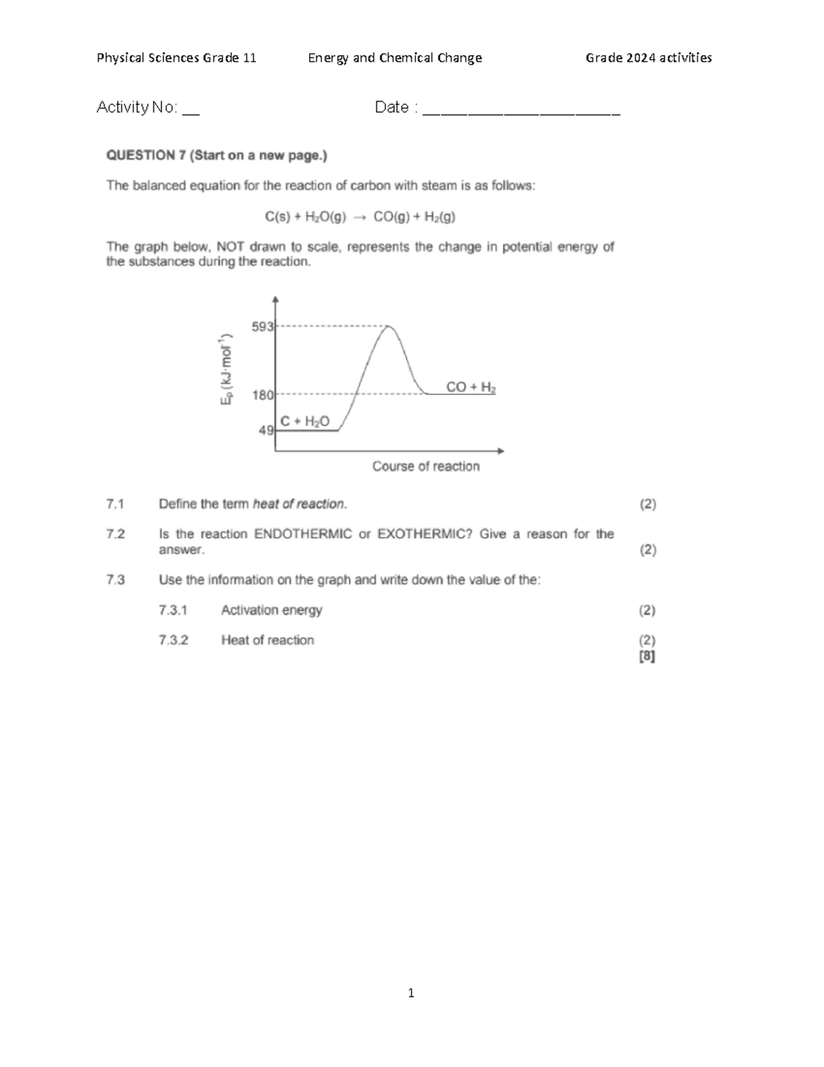 Physical Sciences Grade 11: Energy & Chemical Change Activities 2024 ...