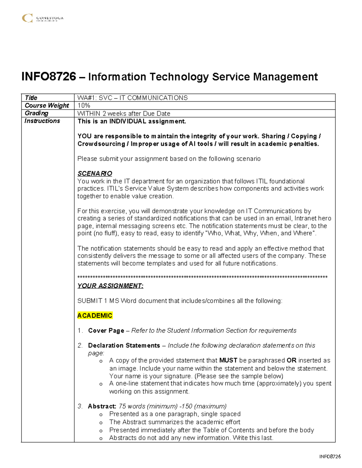 Assignment Instructions for IT Communications - SVC - INFO8726 - Studocu