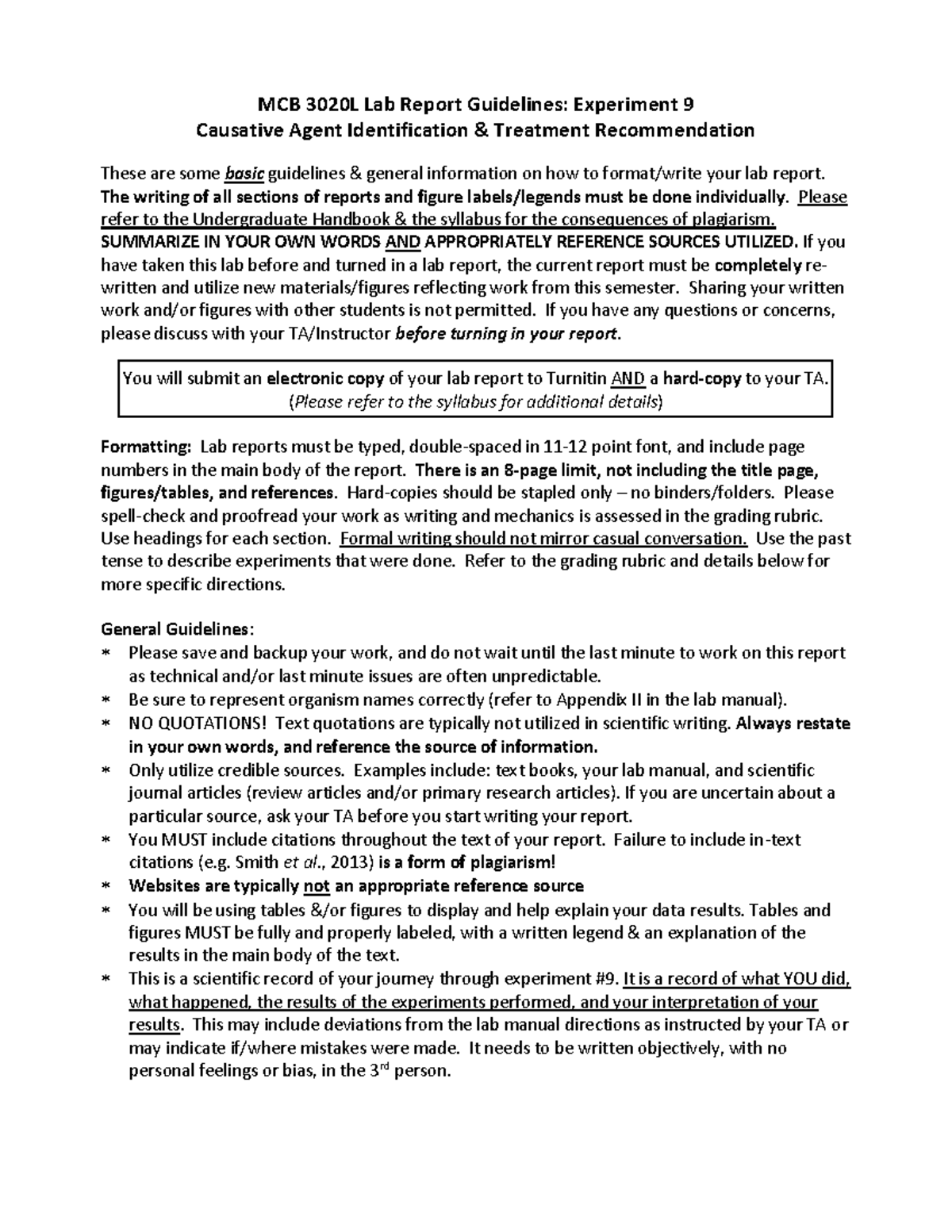 MCB 3020L Lab Report Guidelines for Experiment #9: Causative Agent ...