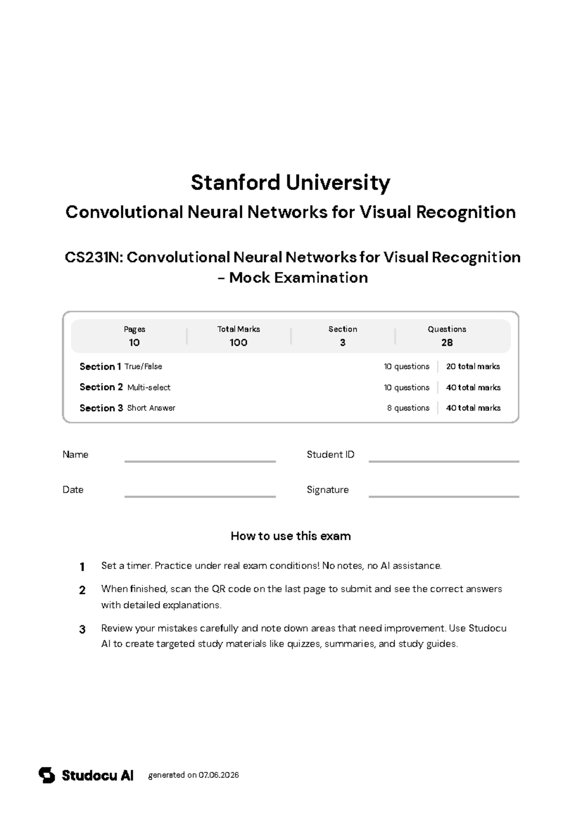 CS231N: Mock Exam on CNNs for Visual Recognition - Studocu