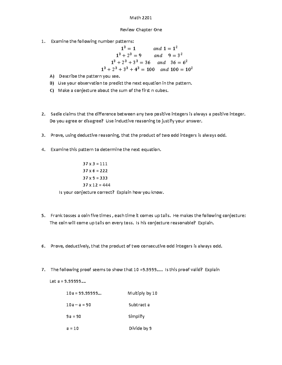 Math 2201 Chapter 1 Review: Patterns, Conjectures, and Proofs - Studocu