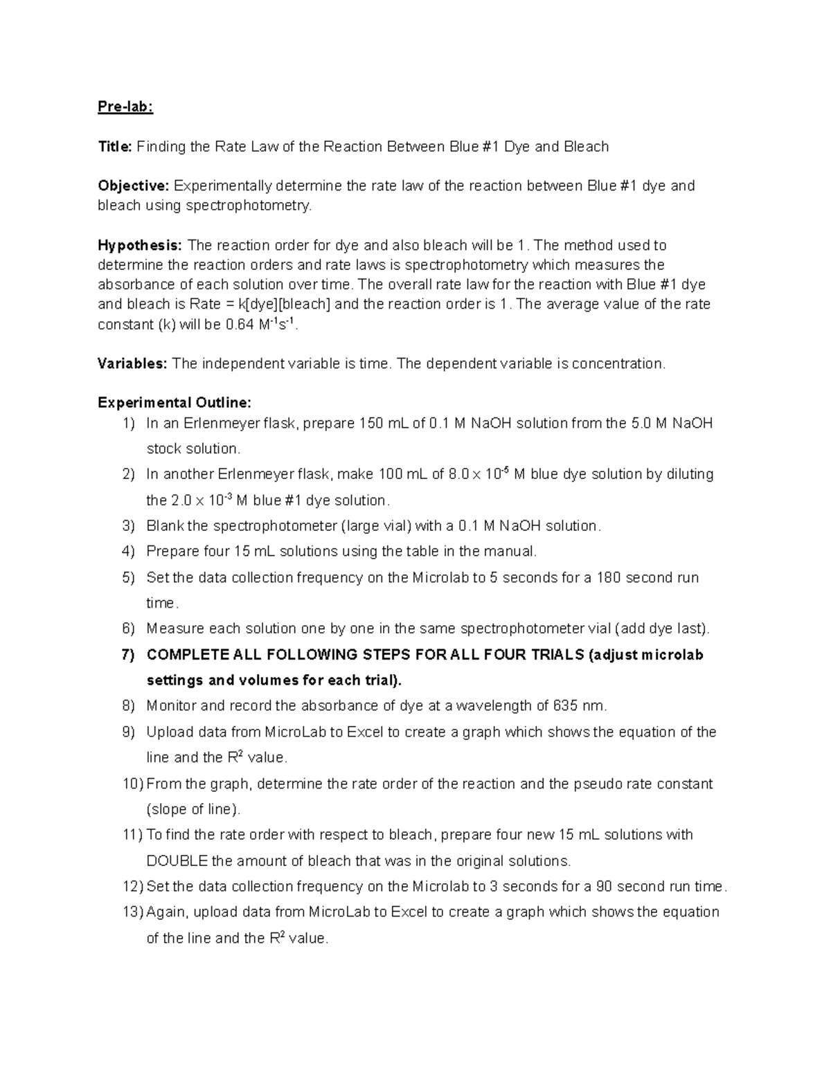 Finding the Rate Law of the Reaction Between Blue #1 Dye and Bleach ...