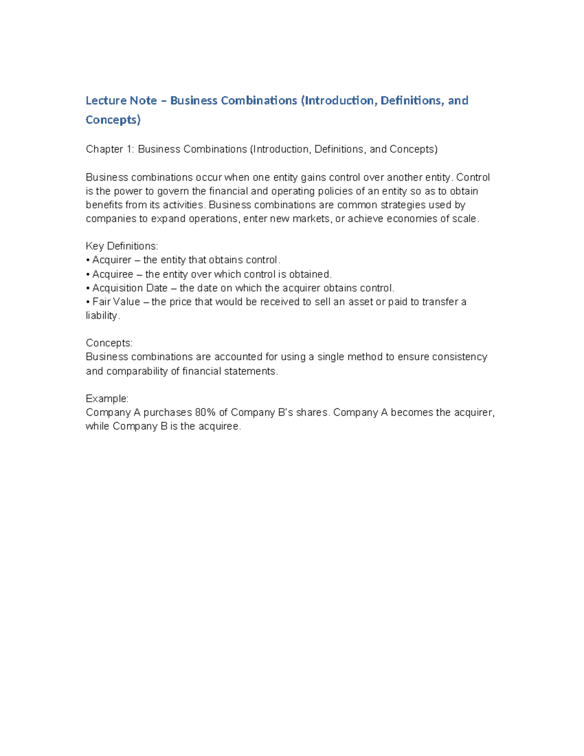 Lecture Notes: Business Combinations (Intro, Definitions & Concepts ...