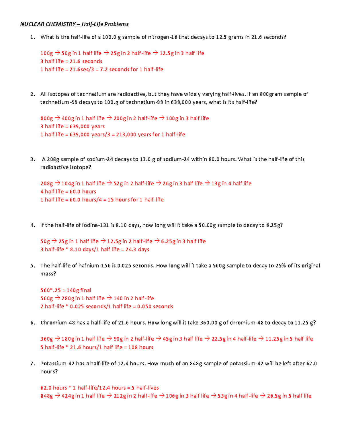 KEY-Half-Life Practice - NUCLEAR CHEMISTRY – Half-Life Problems What is ...