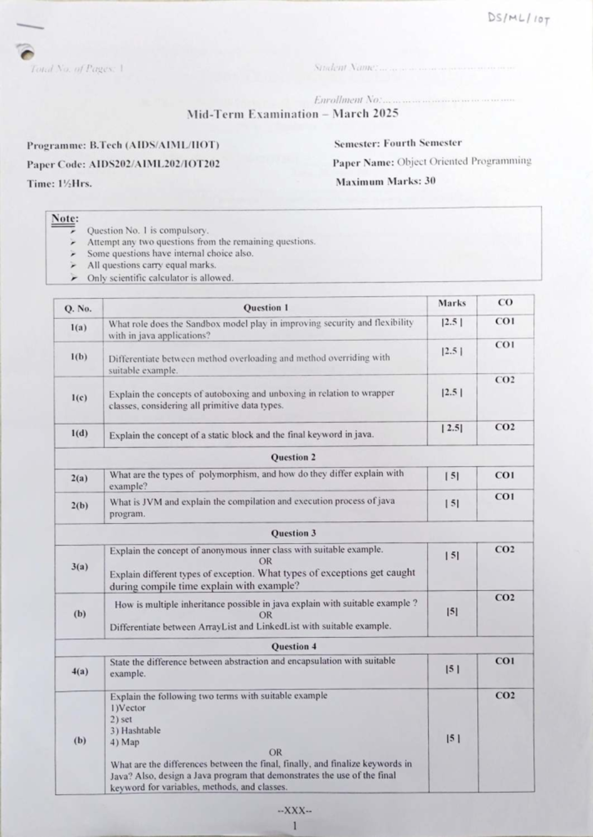 Midterm Exam Paper: B.Tech IV Sem - Object Oriented Programming & DBMS - Studocu