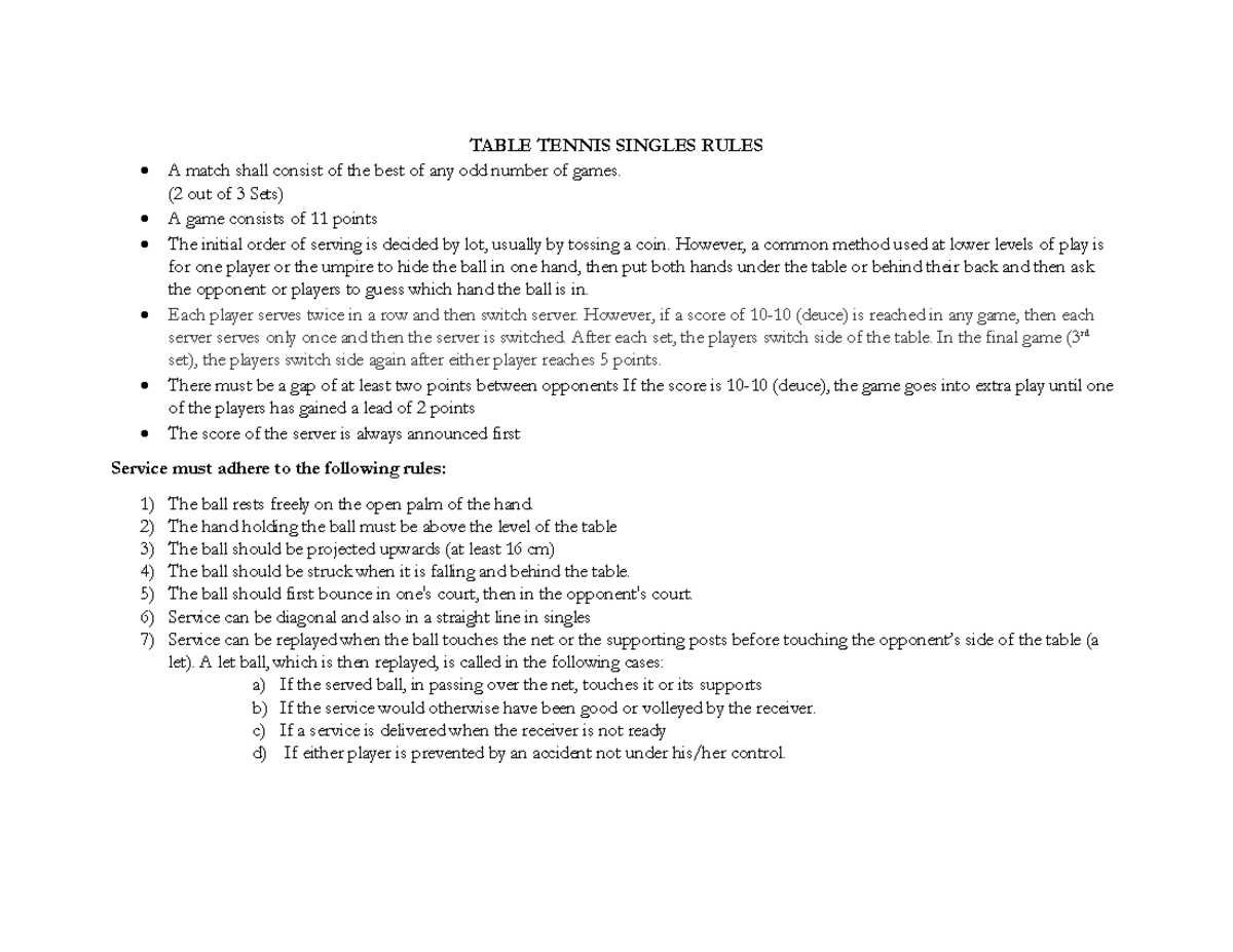 TABLE TENNIS SINGLES RULES (Simplified) - Studocu