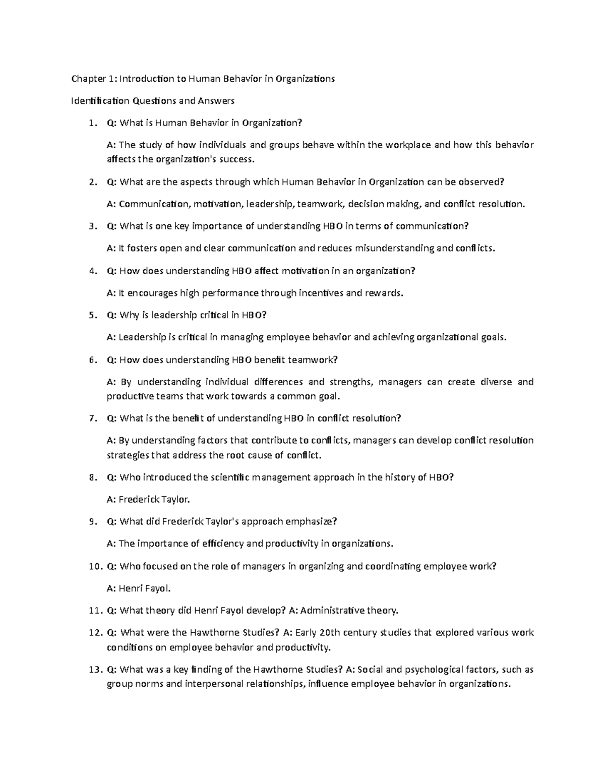 HBO 060440: Chapter 1 Q&A on Human Behavior in Organizations - Studocu