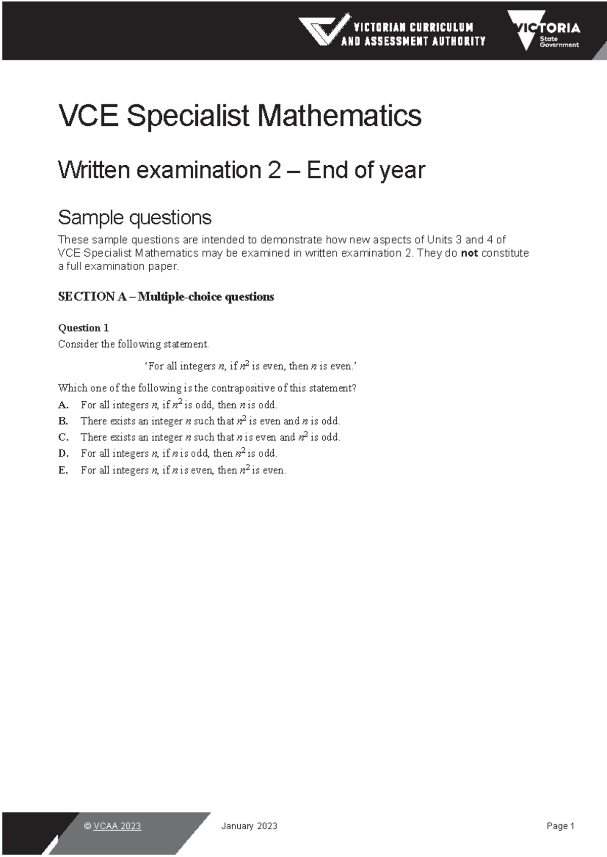 Specialist Mathematics VCE Exam 2 - Past Paper 2020 - Studocu