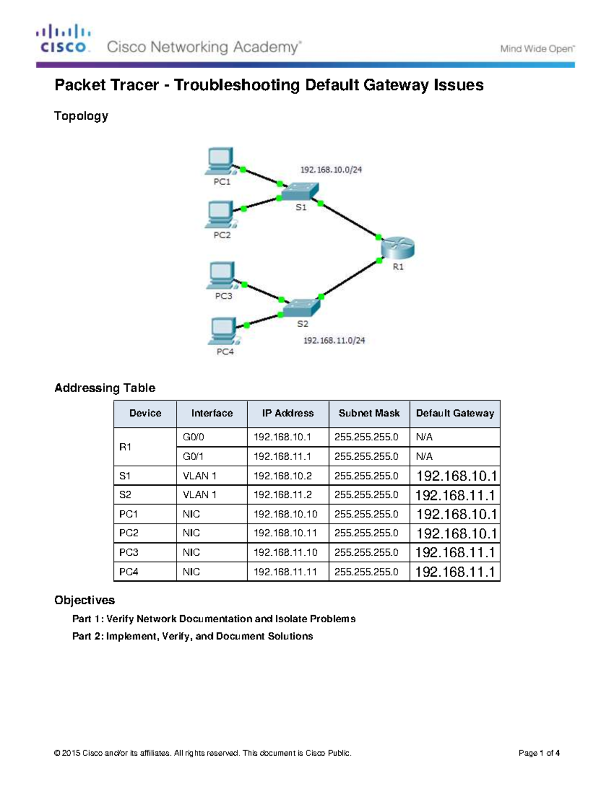 6.4.3.4 Packet Tracer - Troubleshooting Default Gateway Issues - Topology Addressing Table ...
