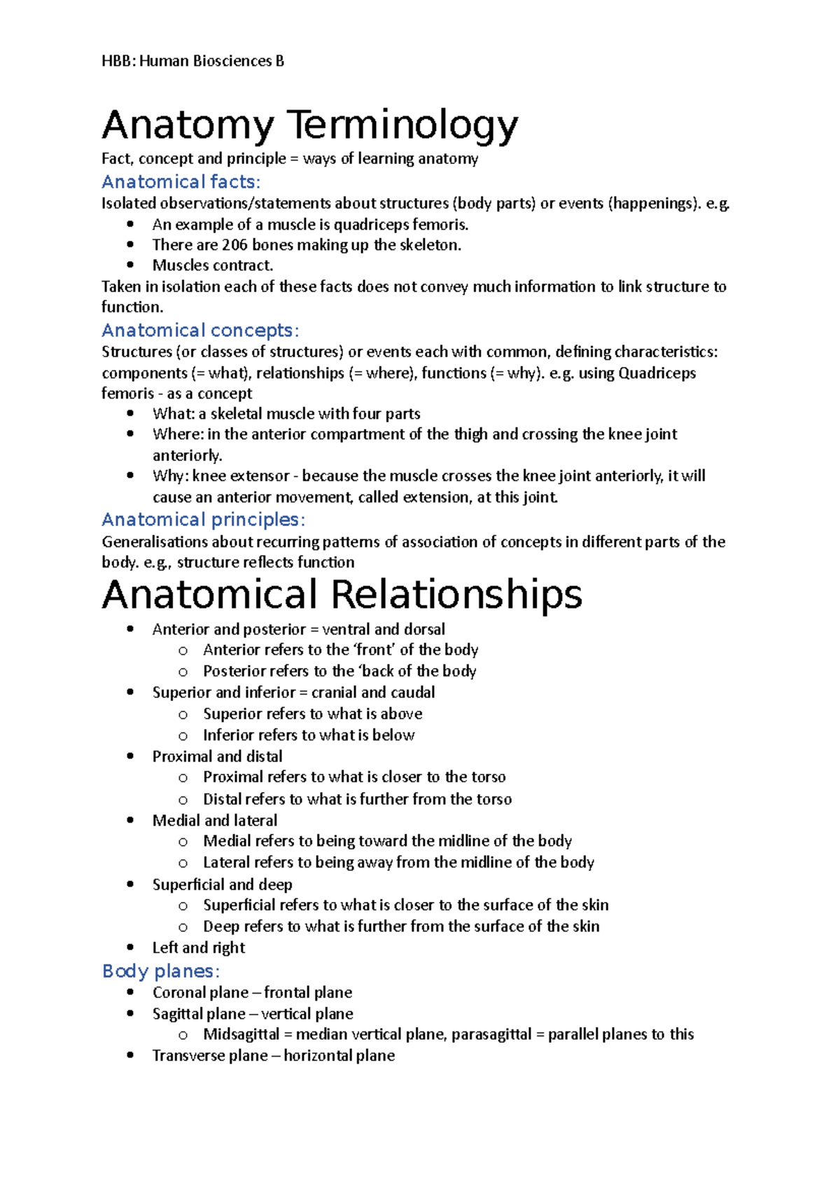 HBB - Anatomy and Terminology Summary for Human Biosciences B - Studocu