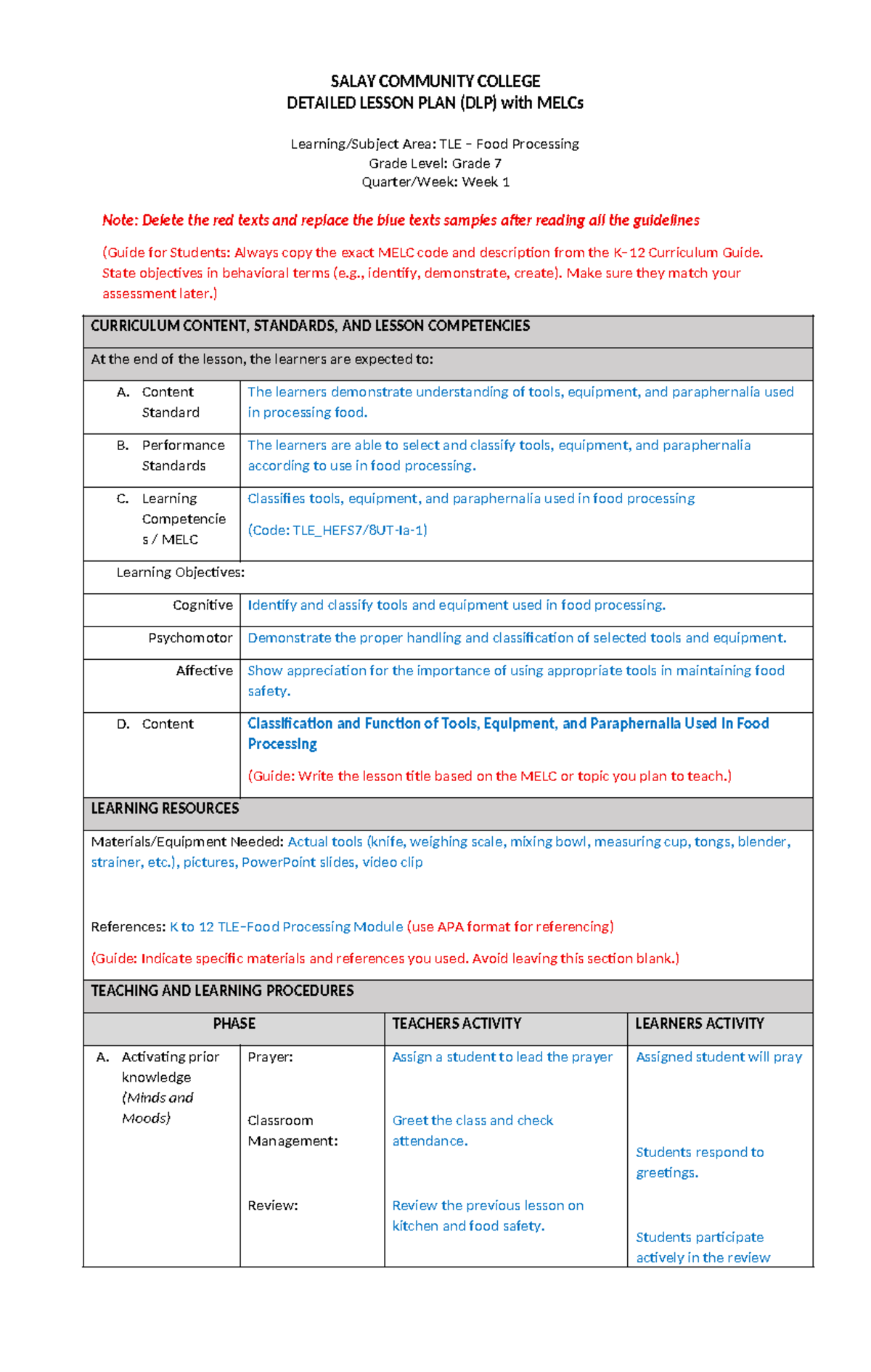 BTLEd DLP: Grade 7 TLE Food Processing Lesson Plan (Week 1) - Studocu
