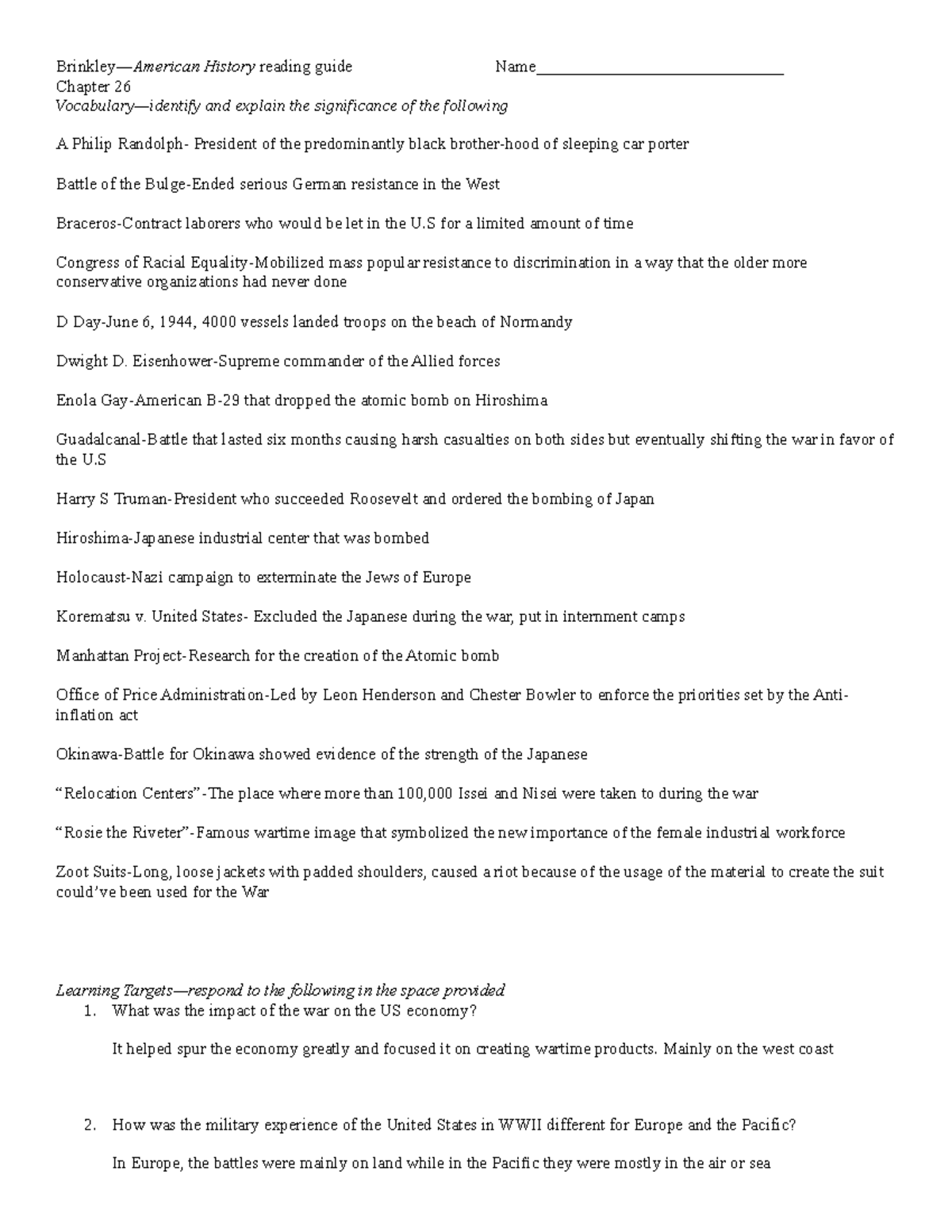 Chapter 26 reading guide - Brinkley— American History reading guide ...