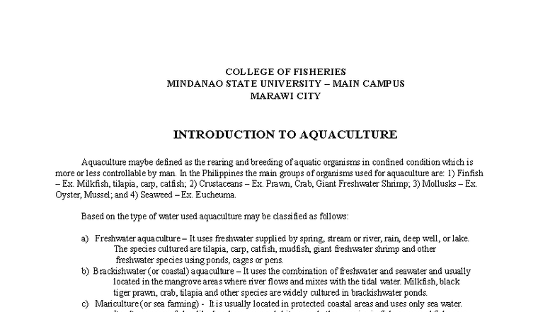 Aquaculture Engineering: Principles and Practices (FISH 101) - Studocu
