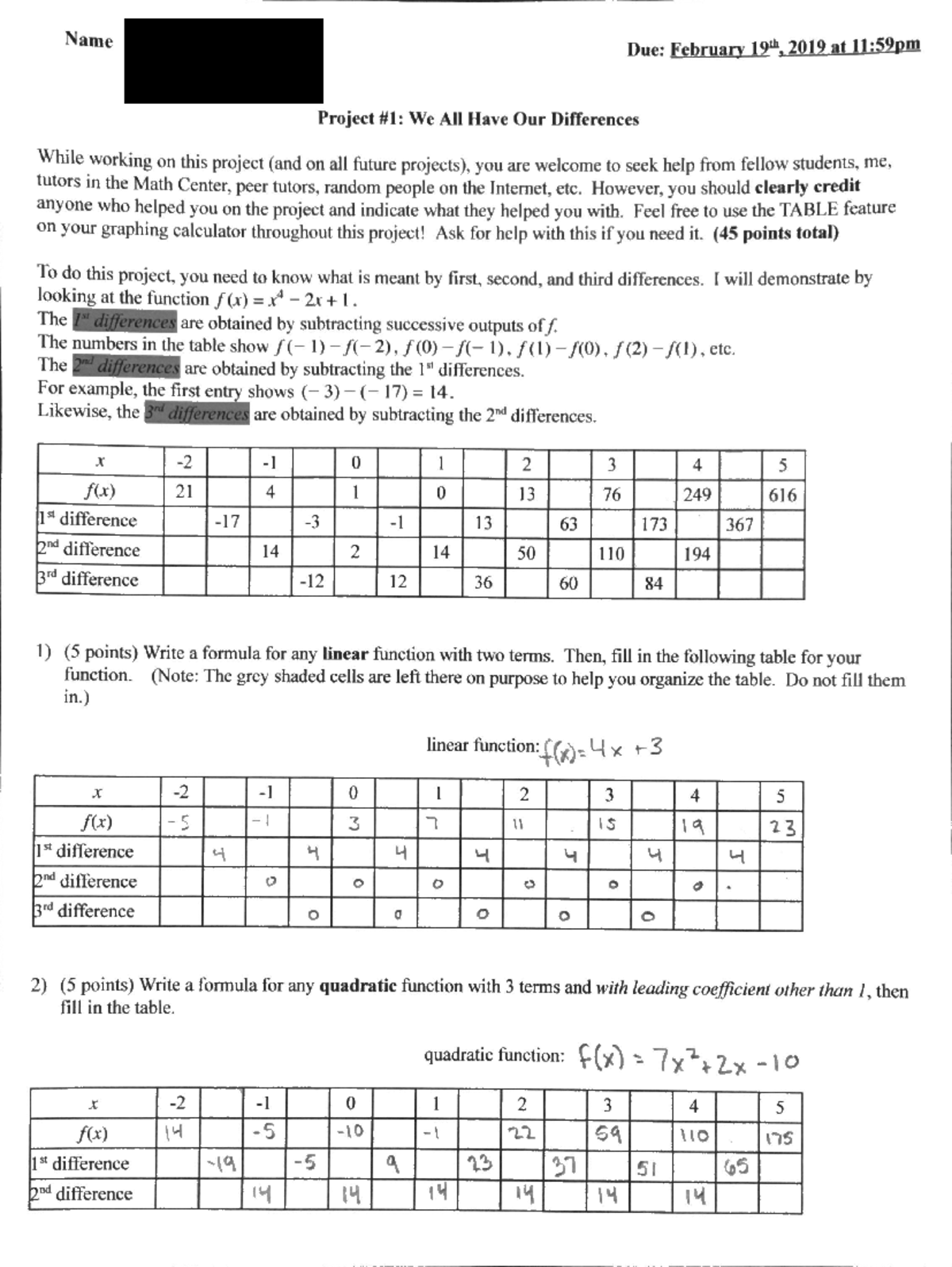 Math Project 1: Exploring Differences in Polynomial Functions - Studocu
