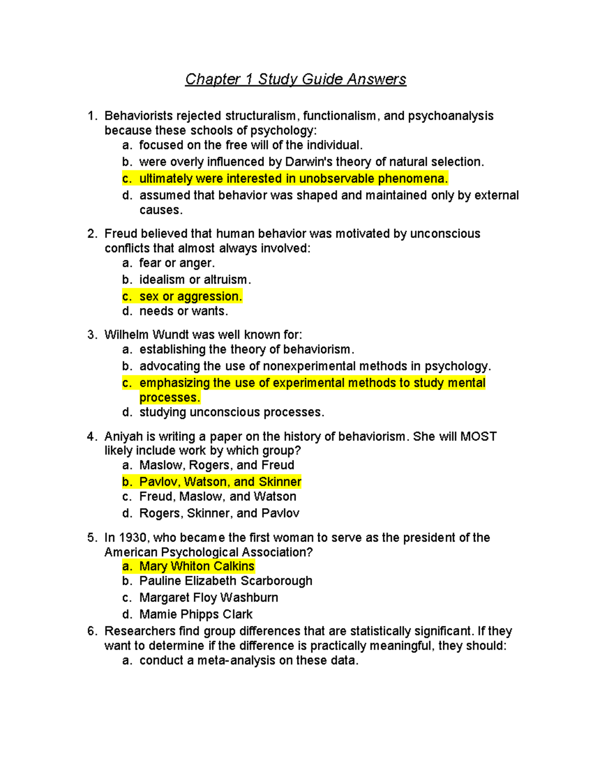 Chapter 1 Study Guide Answers for PSY 101: Intro to Psychology - Studocu