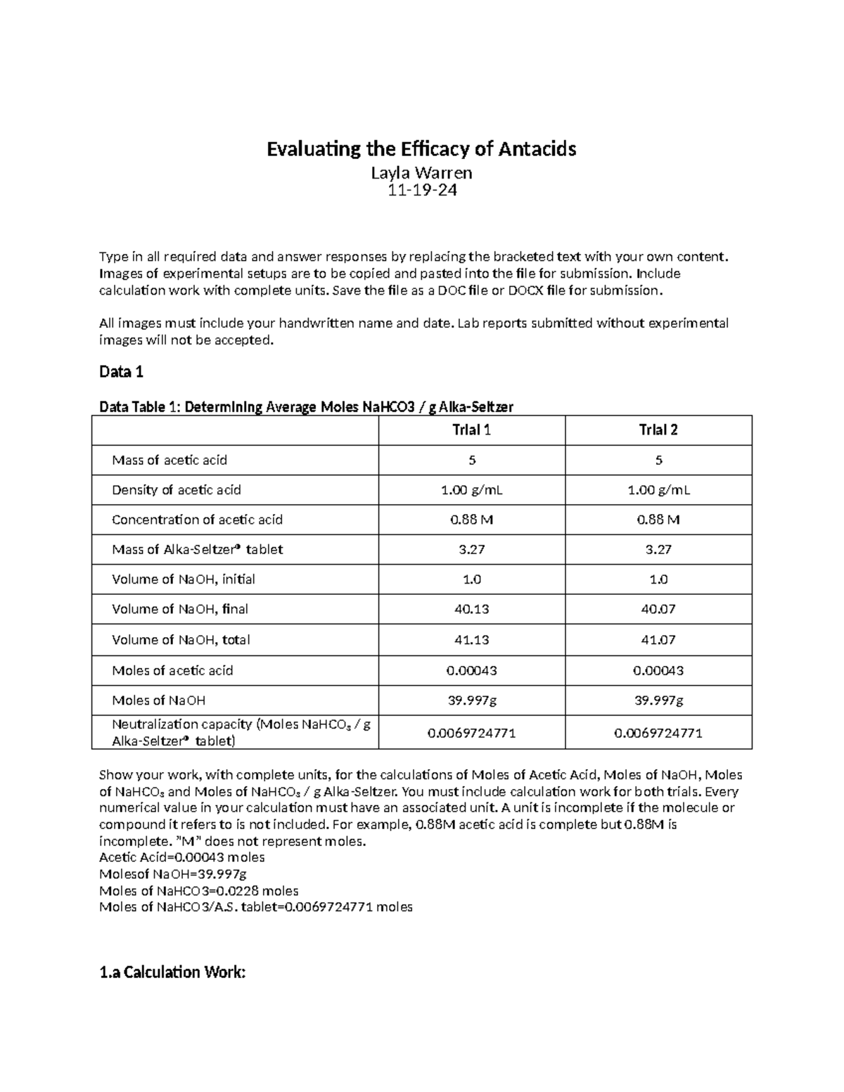 CHM 101L M3 Evaluate Antacids Lab Report - Evaluating the Efficacy of ...