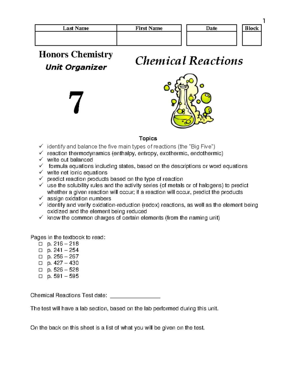 Honors Chemistry: Chemical Reactions Unit Organizer - Studocu