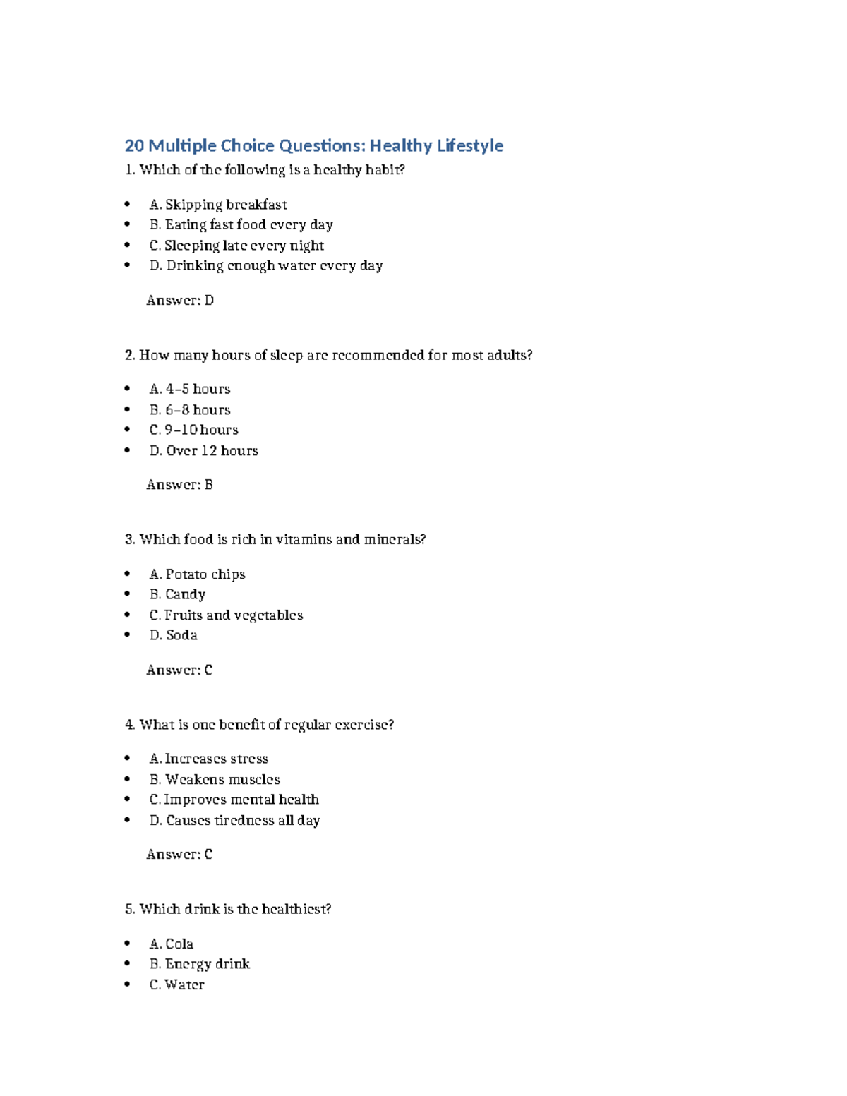Healthy Lifestyle Quiz: 20 Multiple Choice Questions - Studocu