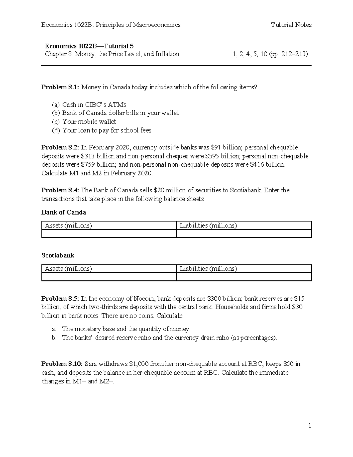 Economics 1022B: Macroeconomics Tutorial Notes on Money & Inflation ...