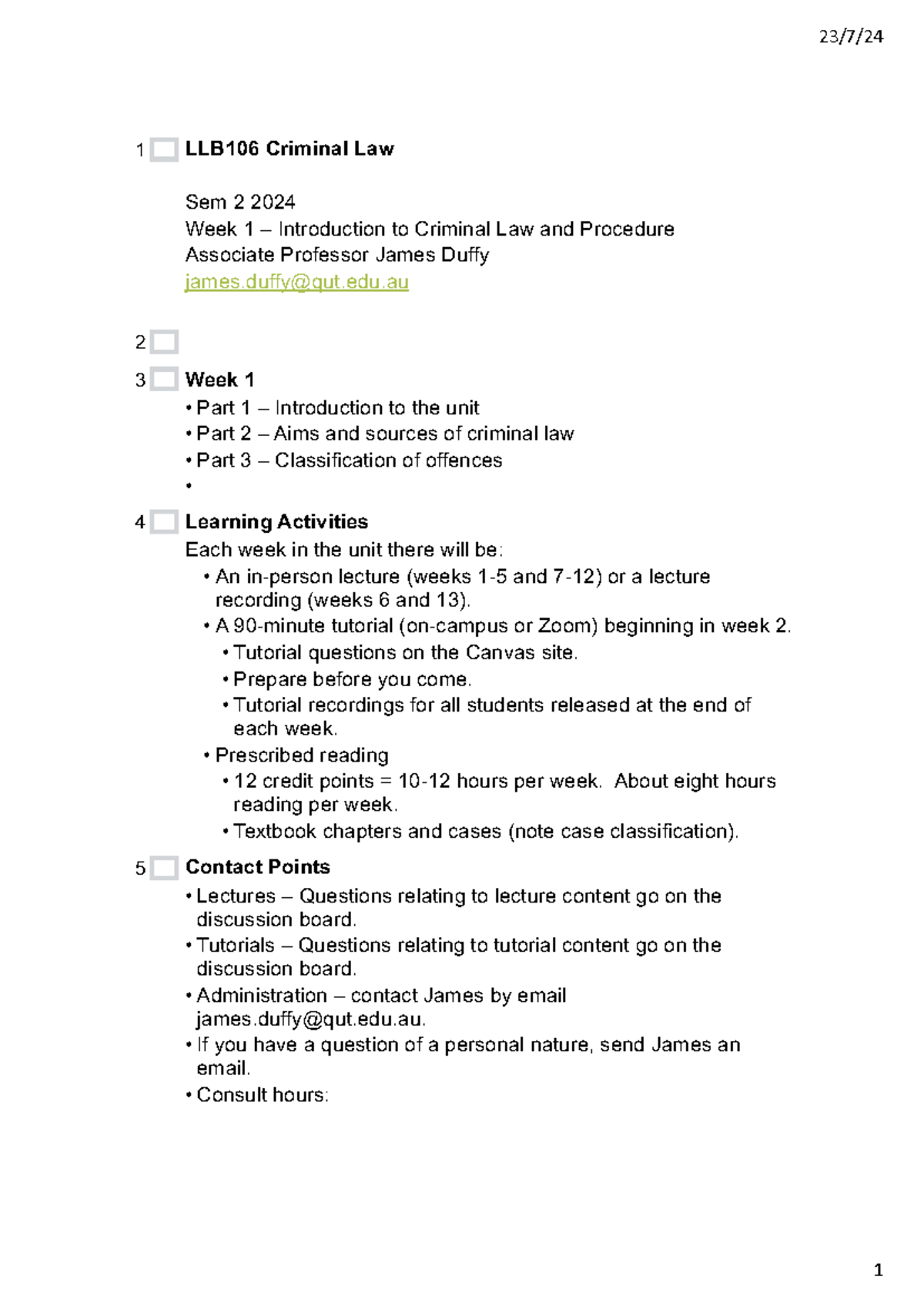 LLB106 Week 1 Lecture Notes: Intro to Criminal Law & Procedure 2024 ...