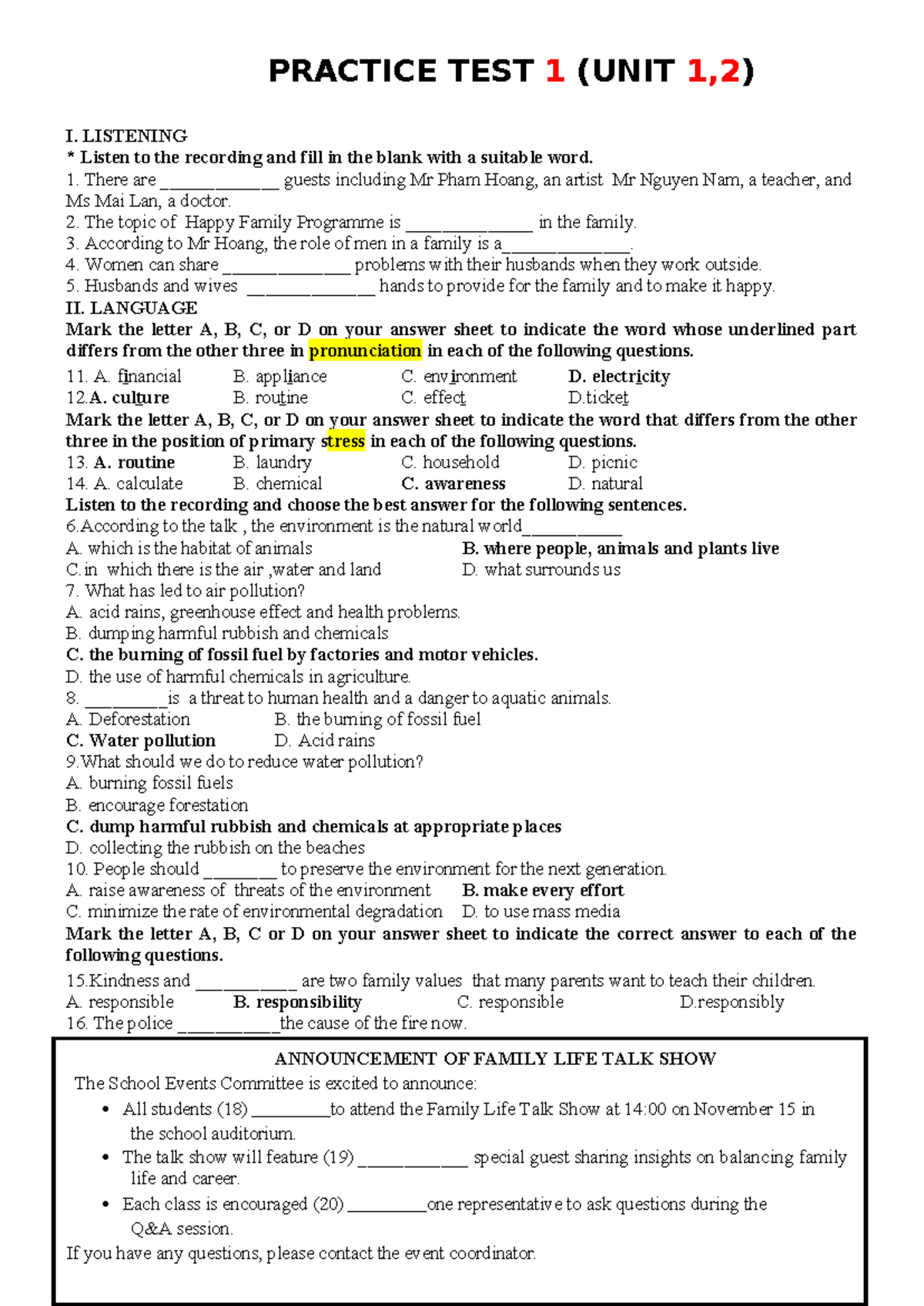 PRACTICE TEST ANSWERS (UNIT 1, 2) - ÔN TẬP - Studocu