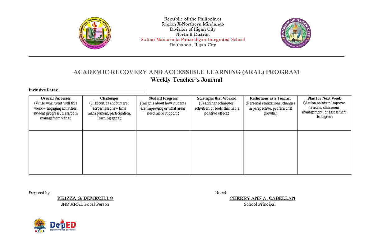 ARAL Program Weekly Journal: Successes, Challenges & Reflections - Studocu