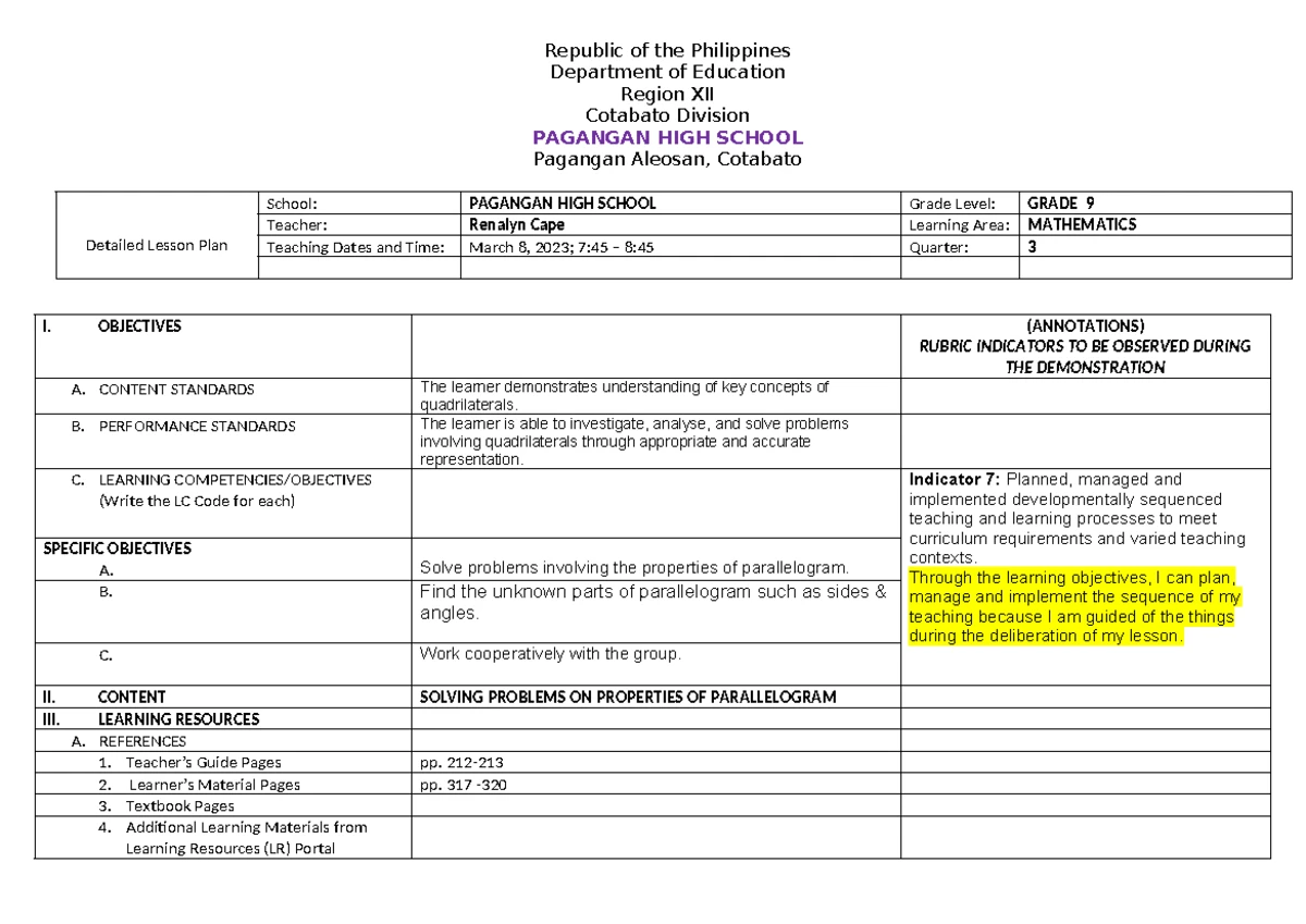 JHS Math Lesson Plan: Angles of Elevation & Depression (Grade 9) - Studocu