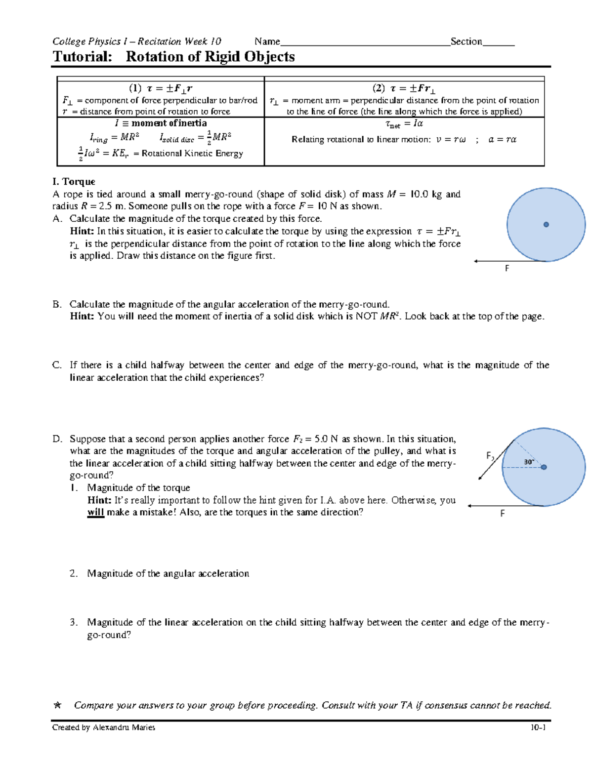 CP1 Recitation - Week 10 - Rotation, Torque, and Energy Concepts - Studocu
